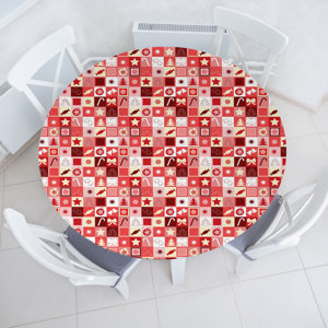 The Holiday Aisle® Christmas Fitted Round Tablecloth Diameter Ruby Red ...