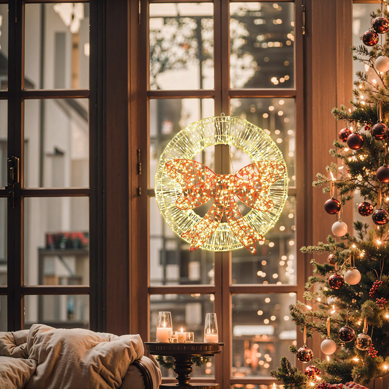 The Holiday Aisle® Lighted Wreath and Red Bow Holiday Decoration with ...