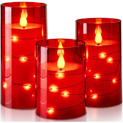 Latitude Run® Red Flameless Candles 3 Set, Flickering Battery Operated ...