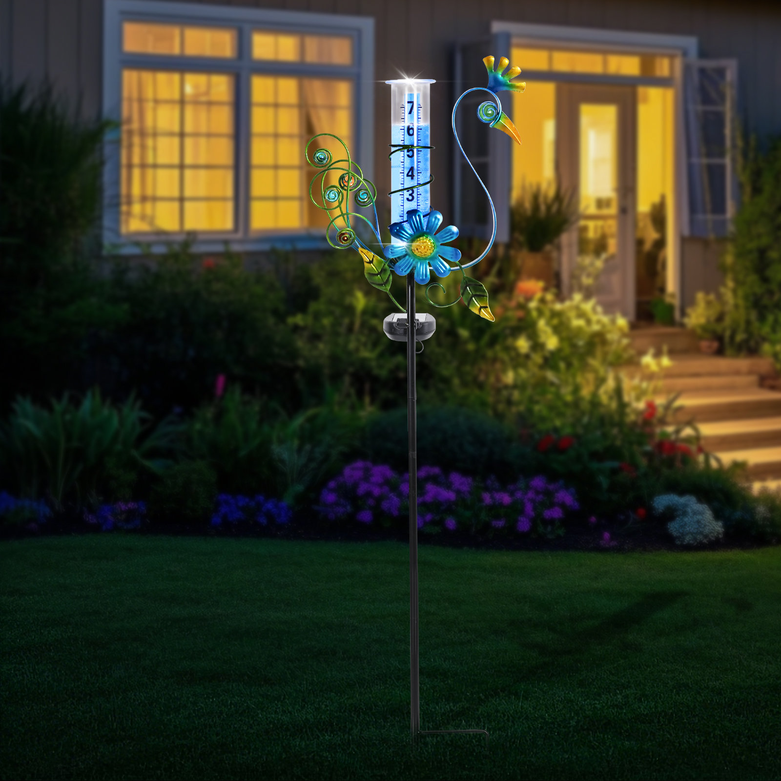 Arlmont & Co. Solar Light Rain Gauge, Rustproof Peacock Rain Gauge With ...