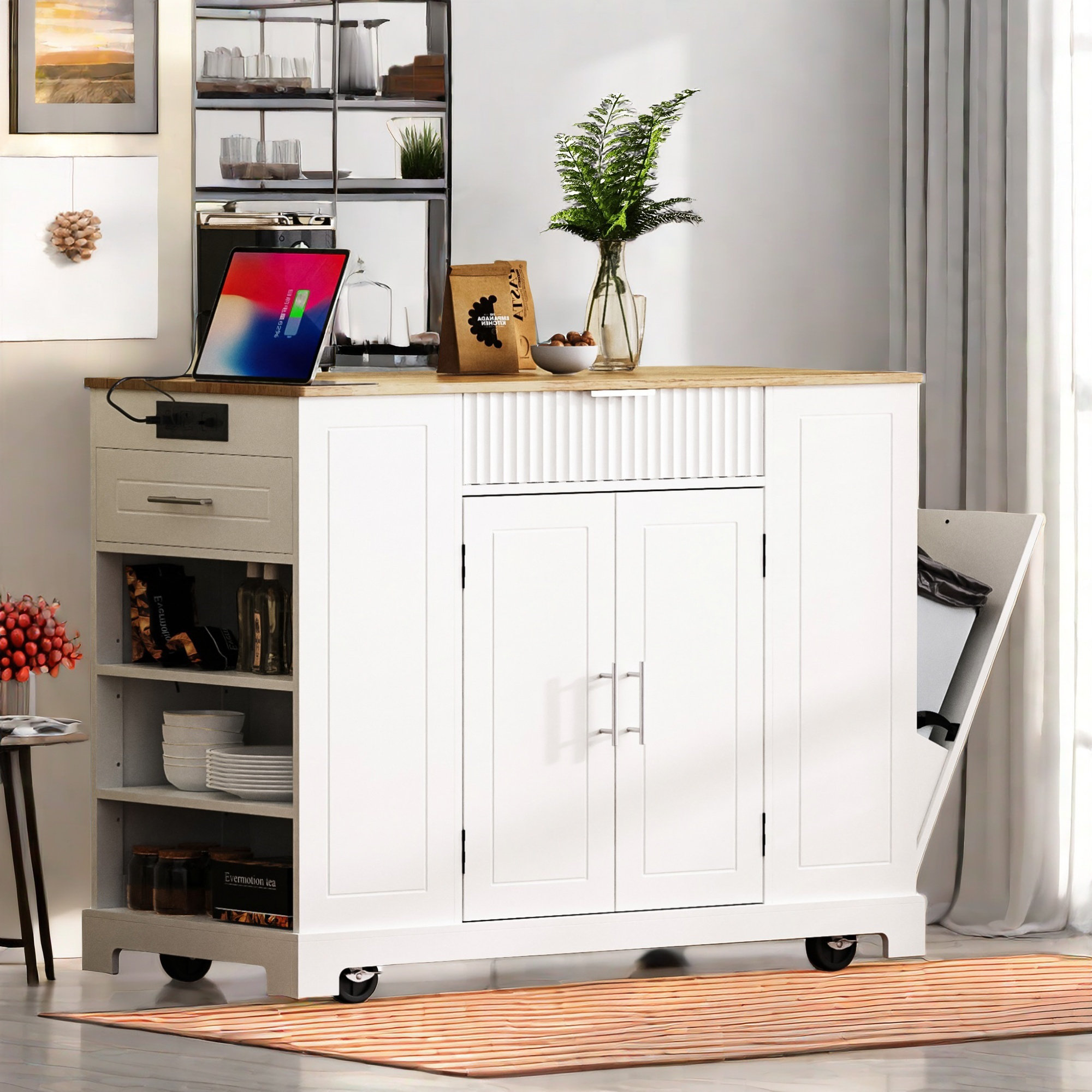 mosaicmotifco Fluted Kitchen Island With Tilt-out Trash Can, Power ...