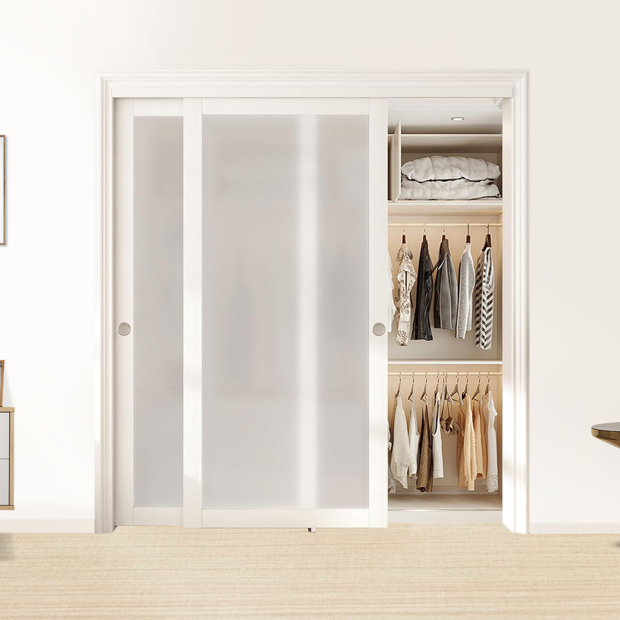 JUBEST 1-Lite Tempered Frosted Glass Wood Double Bypass Sliding Closet ...