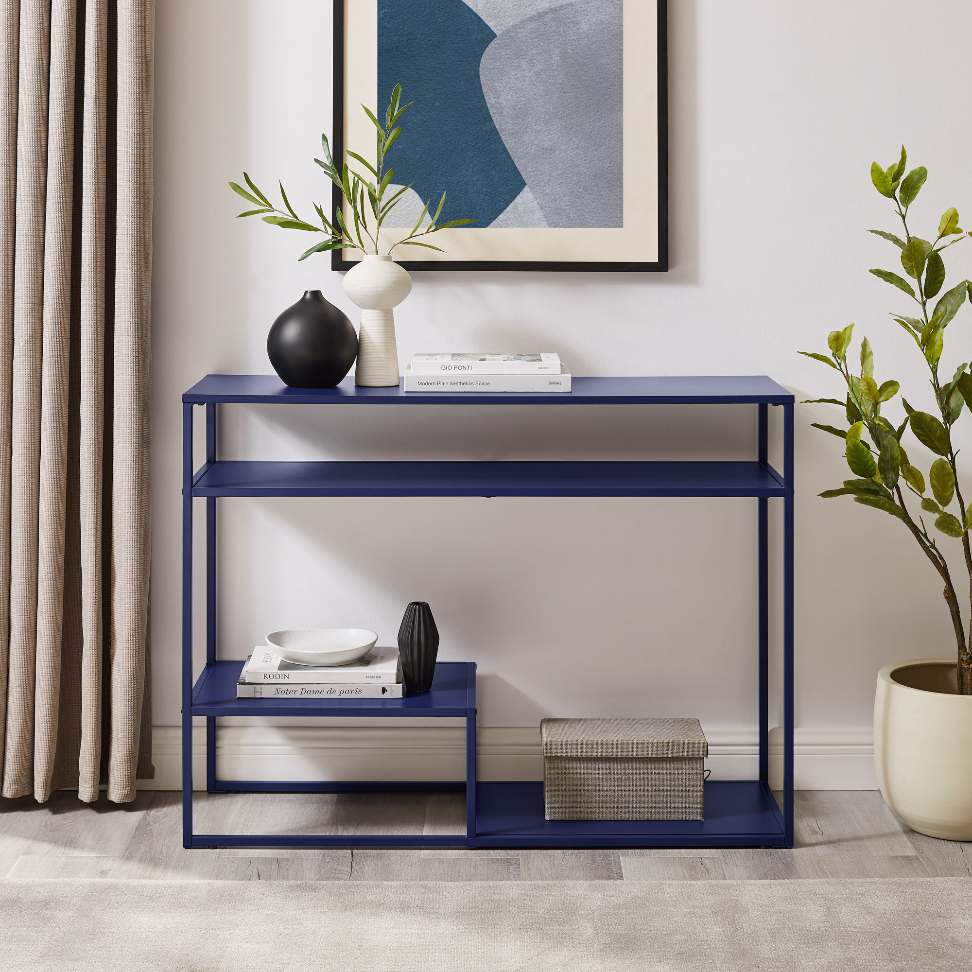 Ebern Designs Guilain Metal and Wood Tiered Entry Table with Shelves ...