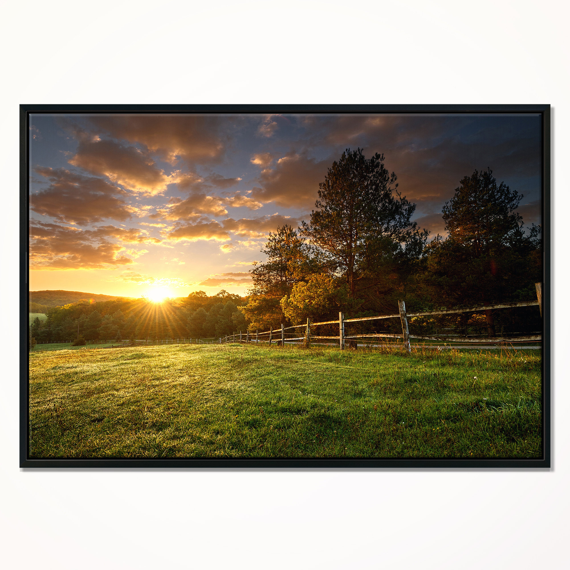 East Urban Home 'Fenced Ranch at Sunrise' Framed Photograph on Canvas ...