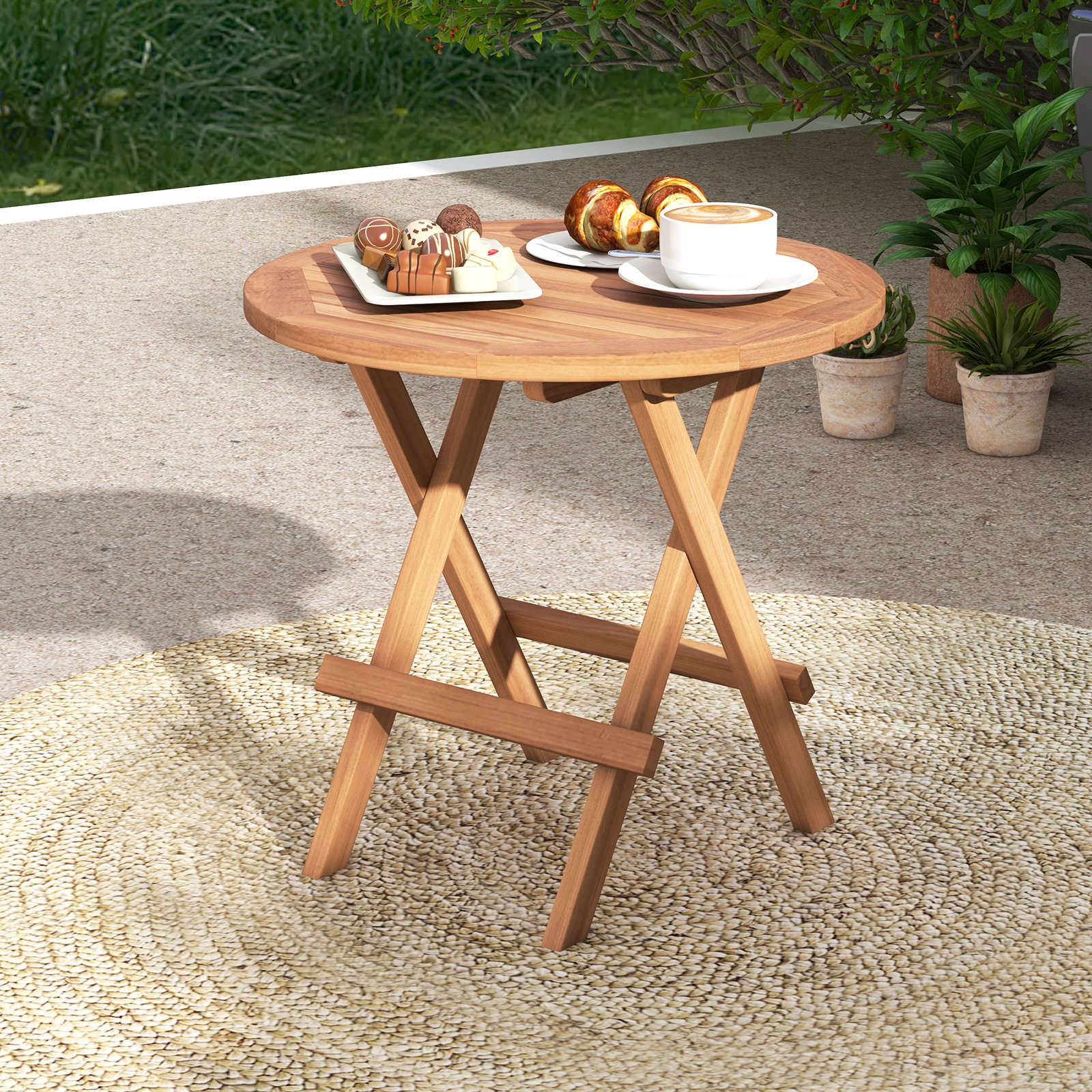 Highland Dunes 1 Pc Patio Folding Side Table Teak Wood Round Slatted ...