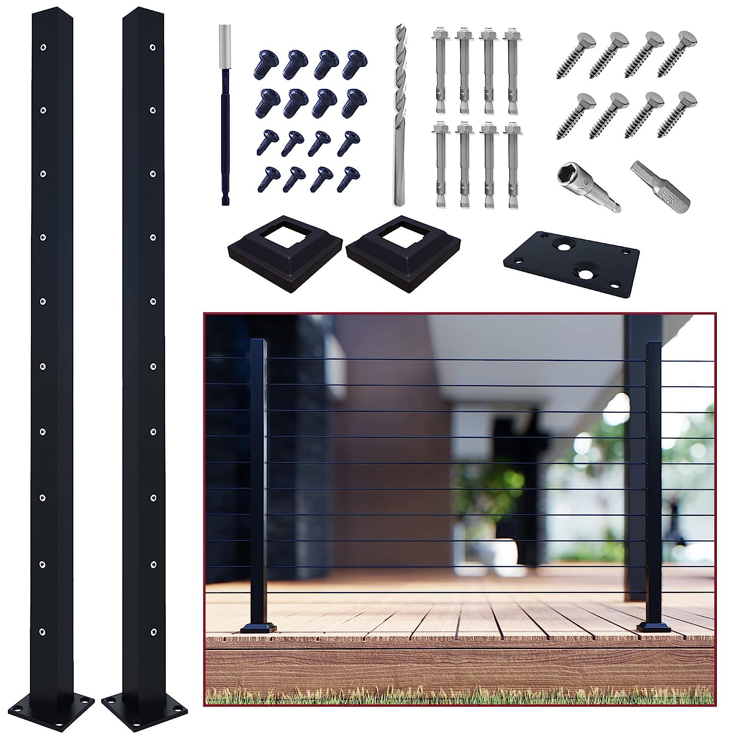 CR Home Cable Railing Post Set, 2pcs Black Stair Railing Fence Post for ...