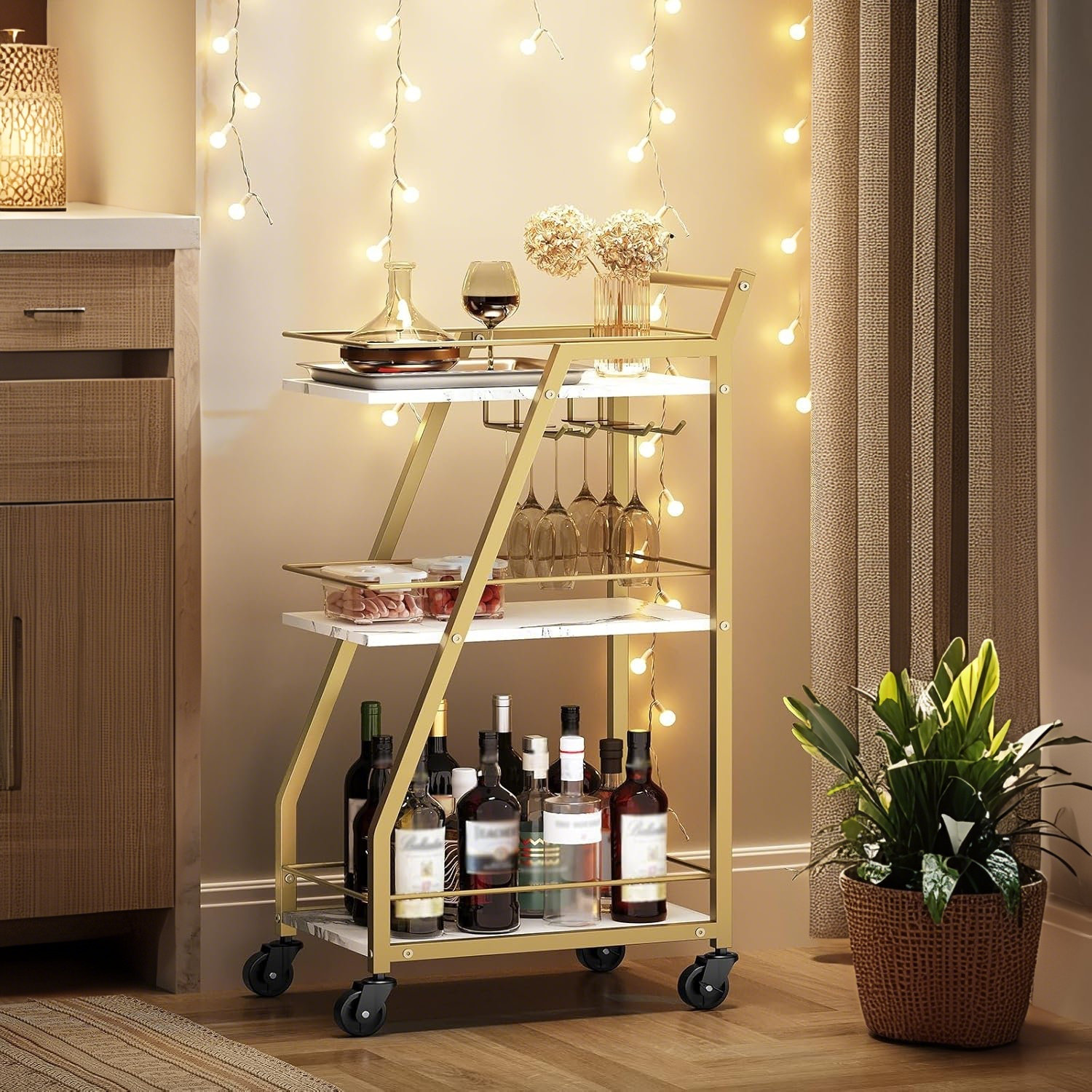 Mercer41 Rolling Beverage Cart With Marble Shelves For Home ...