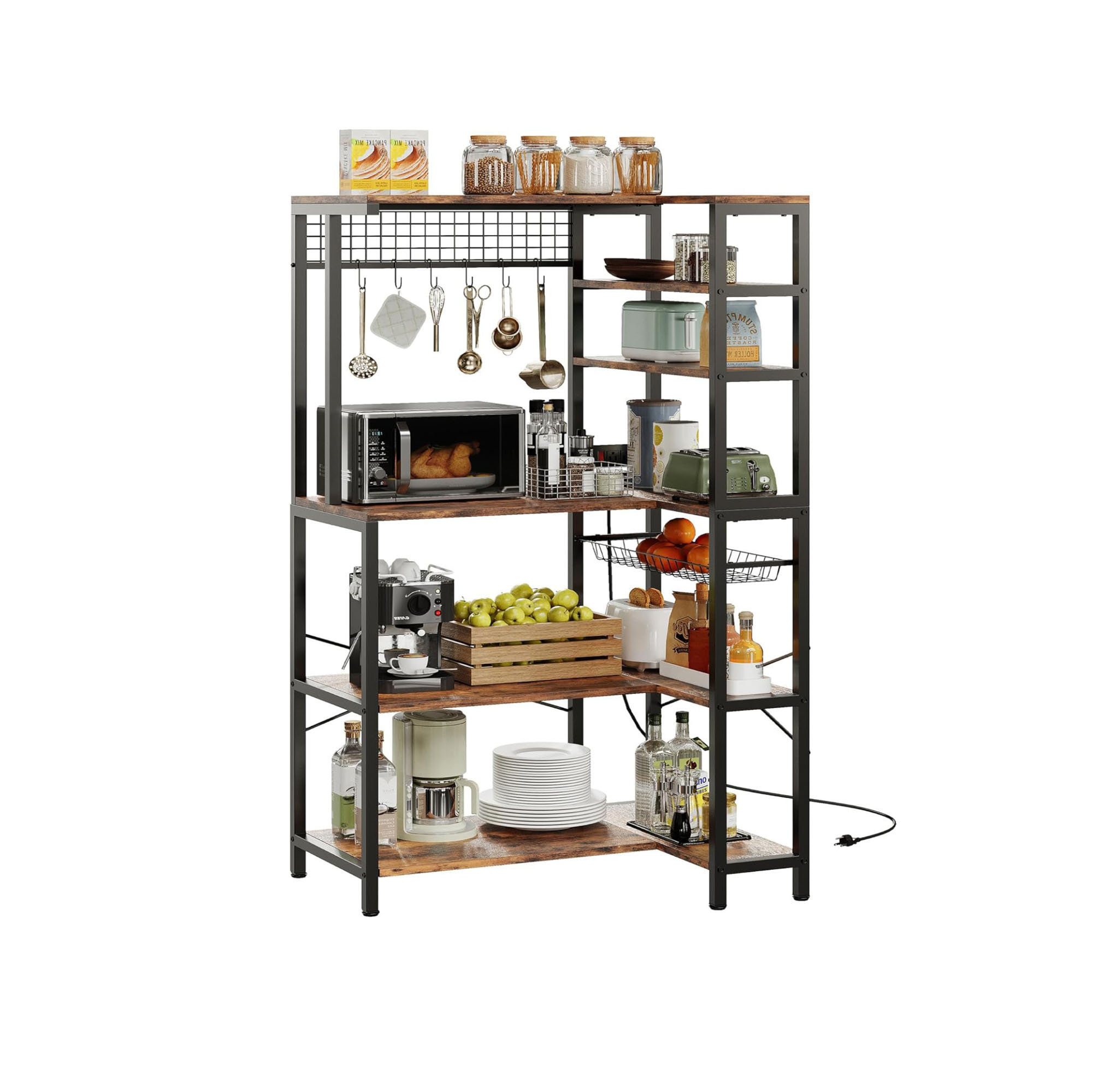 17 Stories Bakers Rack With Power Outlet, 5-Tier Corner Microwave Stand ...