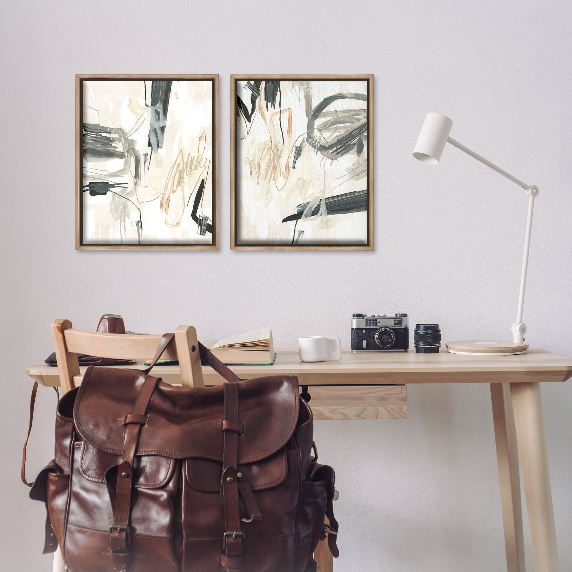 Ivy Bronx Abstract Squiggly Beige Lines 2 PC Gray Framed Floater Canvas ...