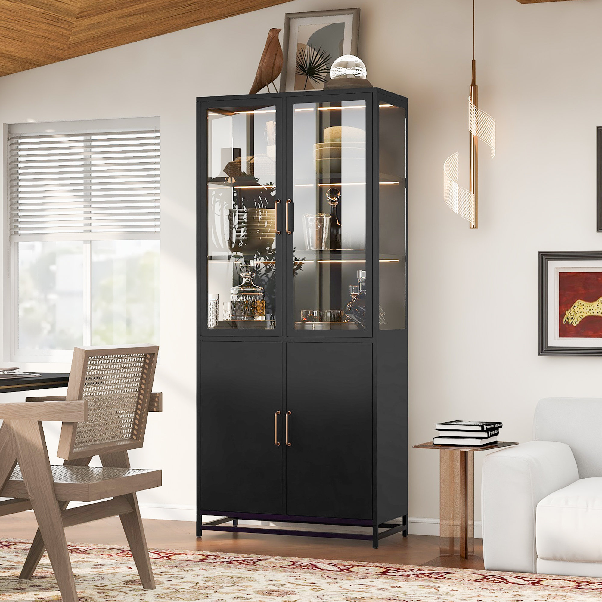 howcoolmall 76.75'' Tall Display Cabinet With Double Glass Doors And ...