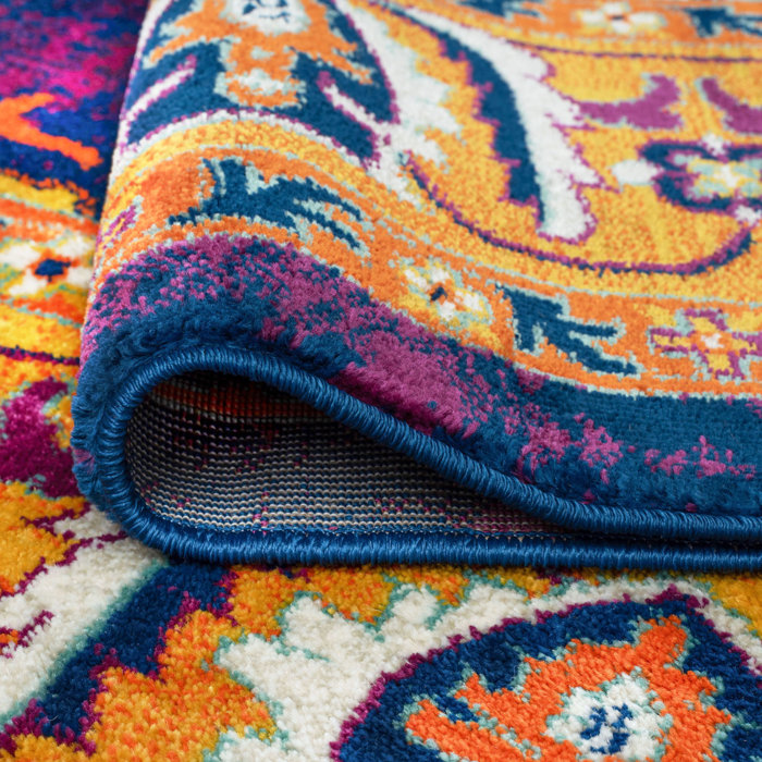 Bungalow Rose Depew Performance Gold/Navy Blue Rug & Reviews | Wayfair