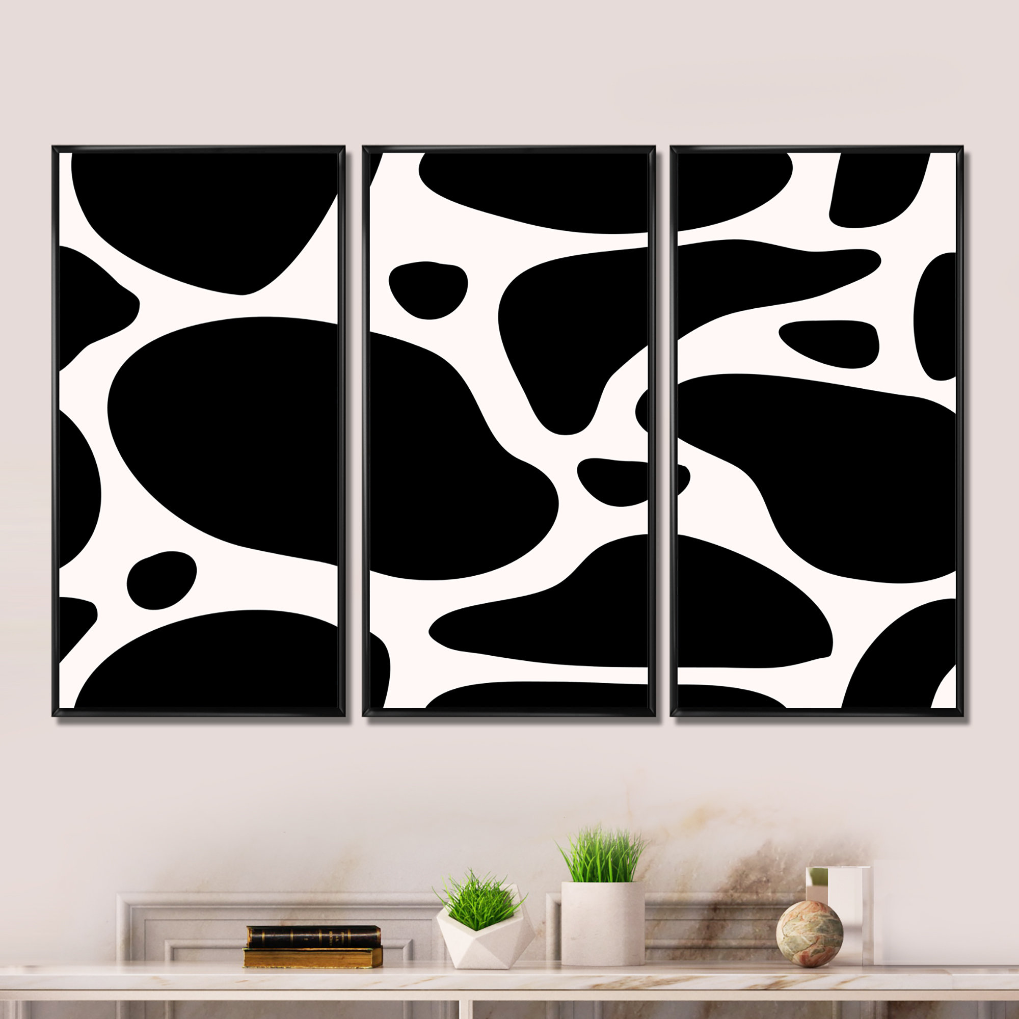 Ebern Designs Black Shapes on White - 3 Piece Floater Frame Print on ...