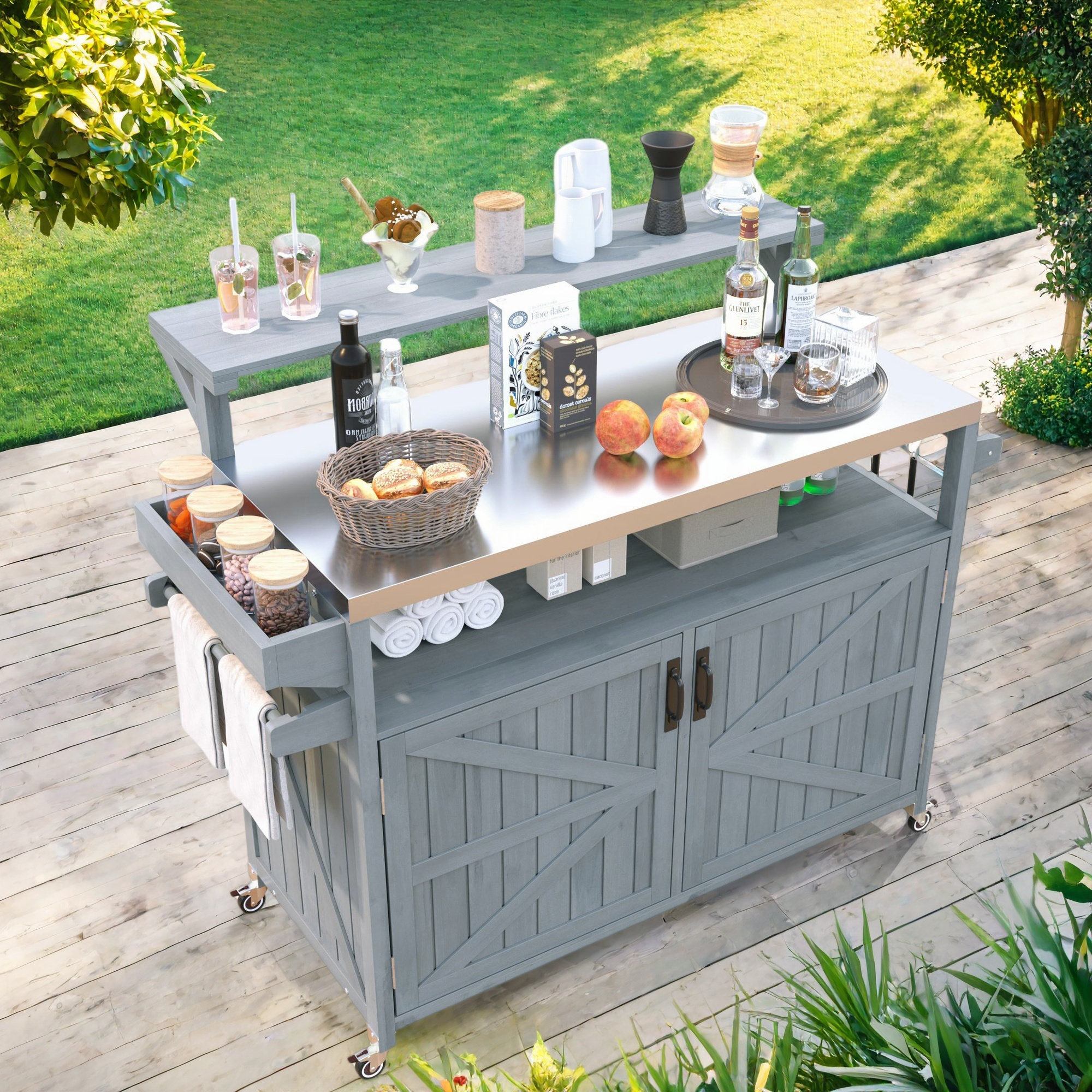 Gracie Oaks Outdoor Kitchen Island With Raised Shelf, Stainless Steel ...