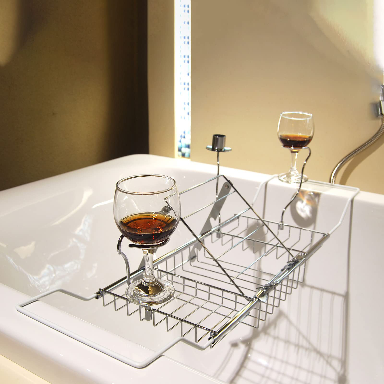 Mercer41 Expandable Extra Wide Bathtub Tray Rack With Wine Glass Holder ...