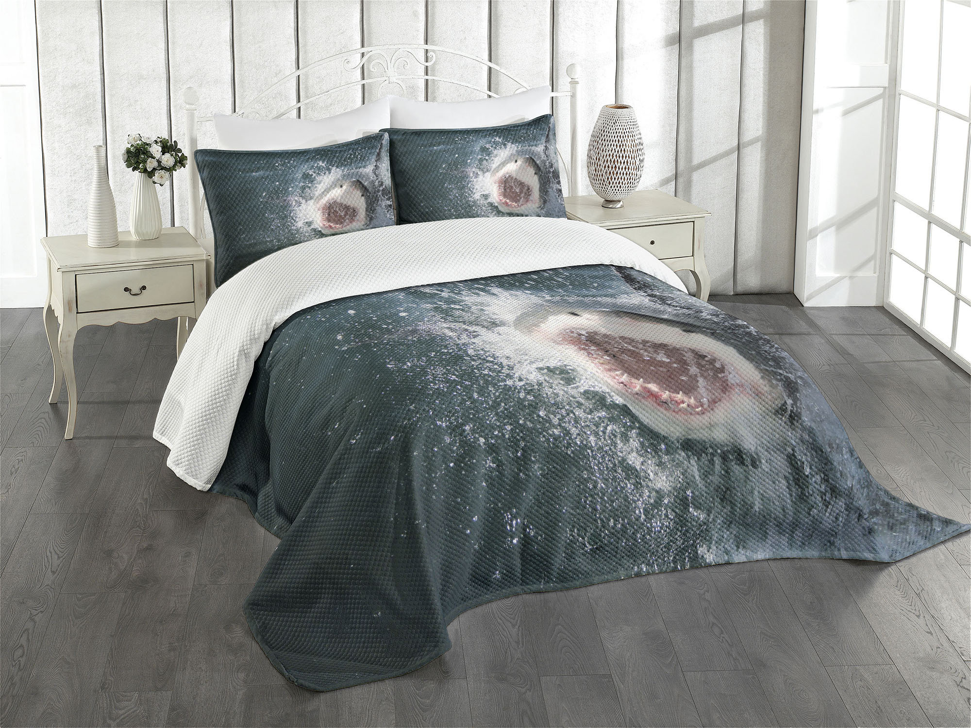 Ambesonne Shark Bedspread Set Scary Open Mouth Teeth Petrol Blue Grey ...