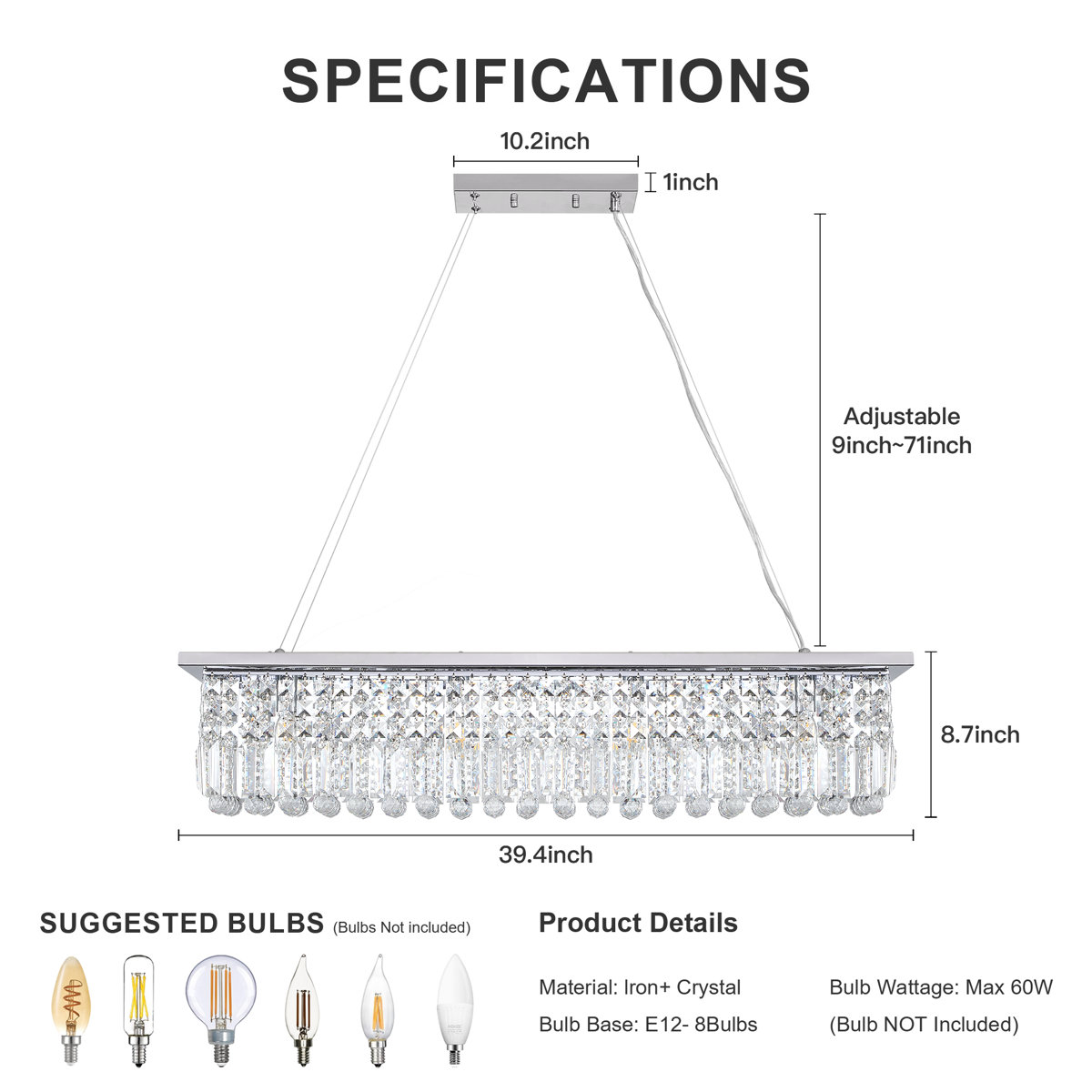 Mercer41 Colsten Luxurious Dimmable 8-Light Rectangle Raindrop Crystal ...