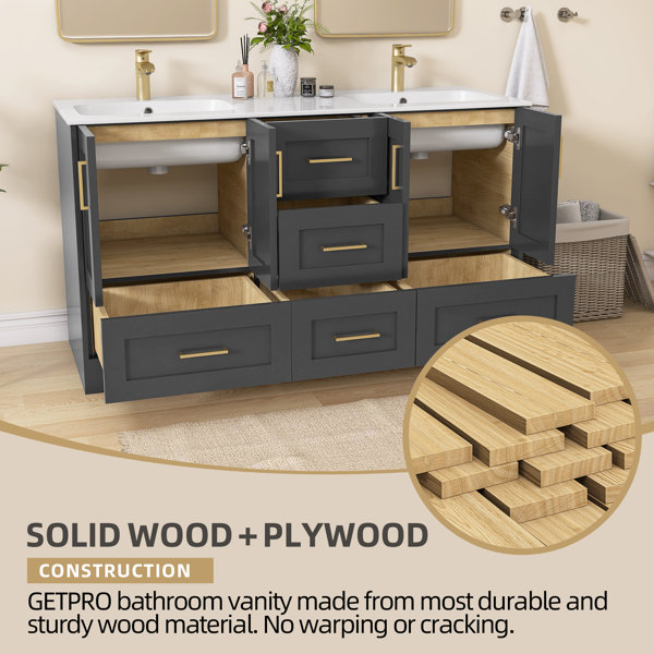 Mercer41 Beunka 60'' Double Sinks Freestanding Bathroom Vanity Cabinet ...