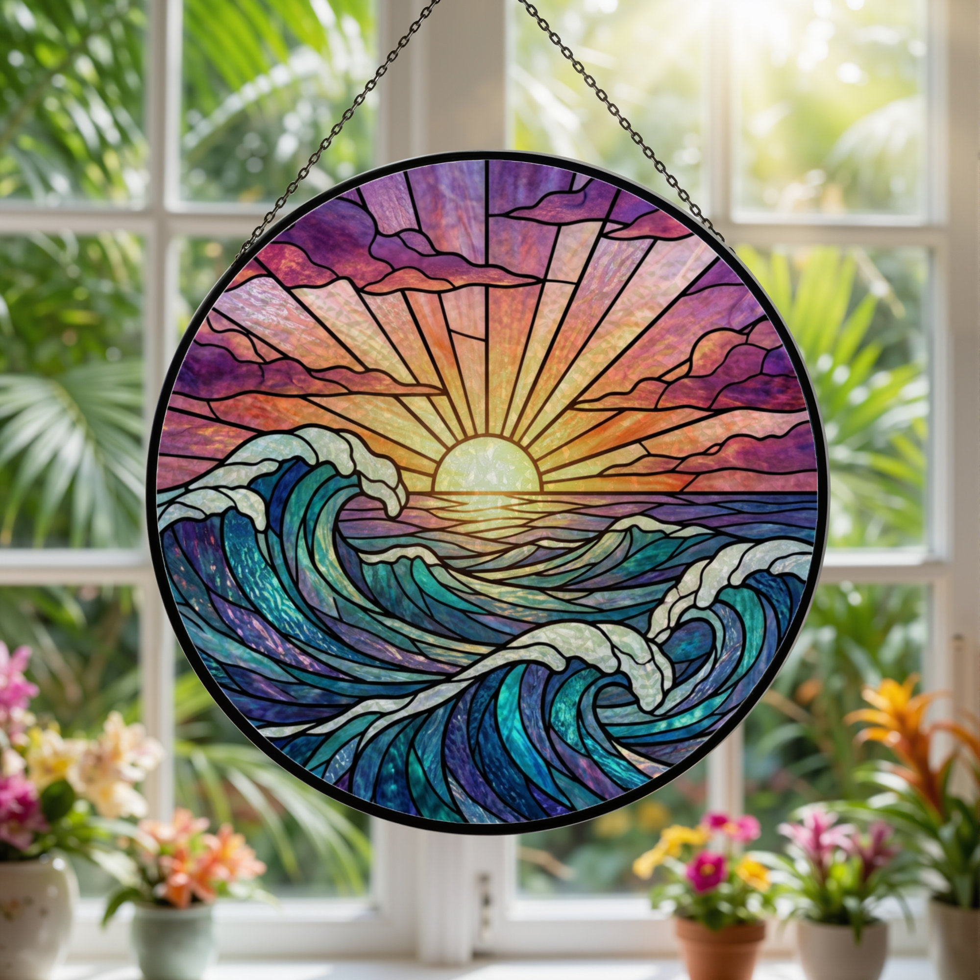 Highland Dunes 7.8"H Sunset Waves Stained Glass Window Panel | Wayfair