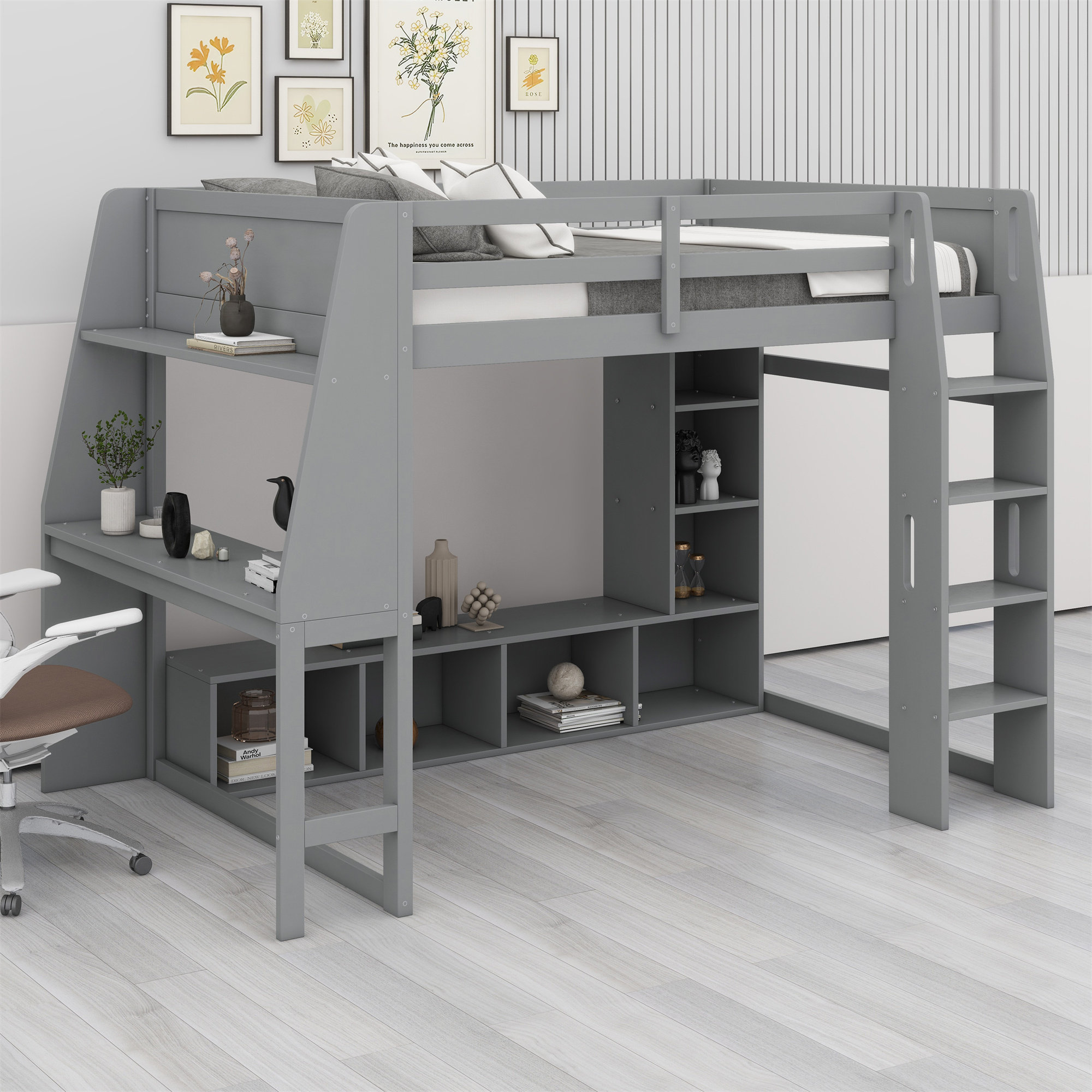 Harriet Bee Wood Gaming Loft Bed With Desk, Multi-Storage Shelves, LED ...