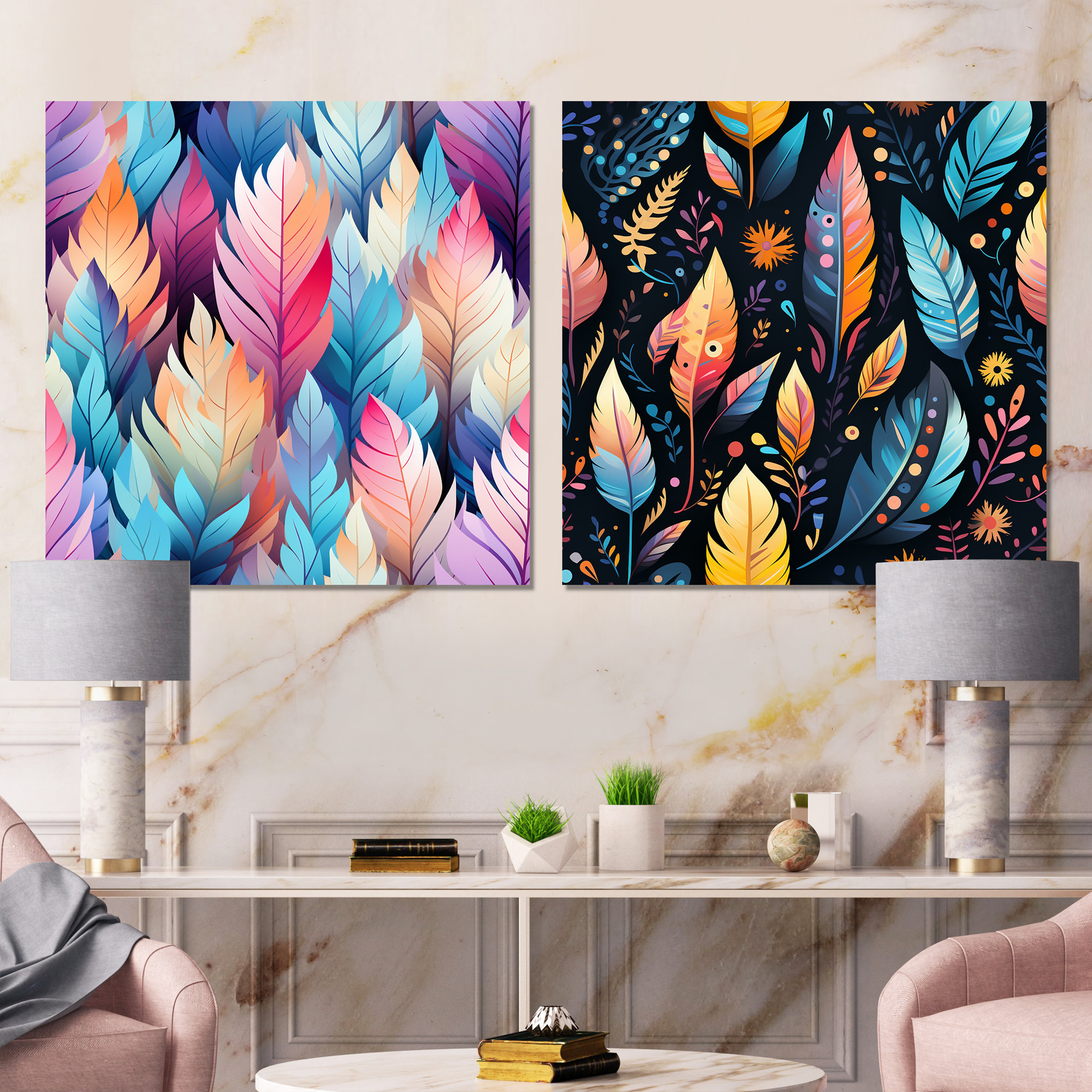 Design Art Tribal Dreamscape Feather Boho Pattern IV - Abstract Feathers Canvas Wall Art Set Of ...