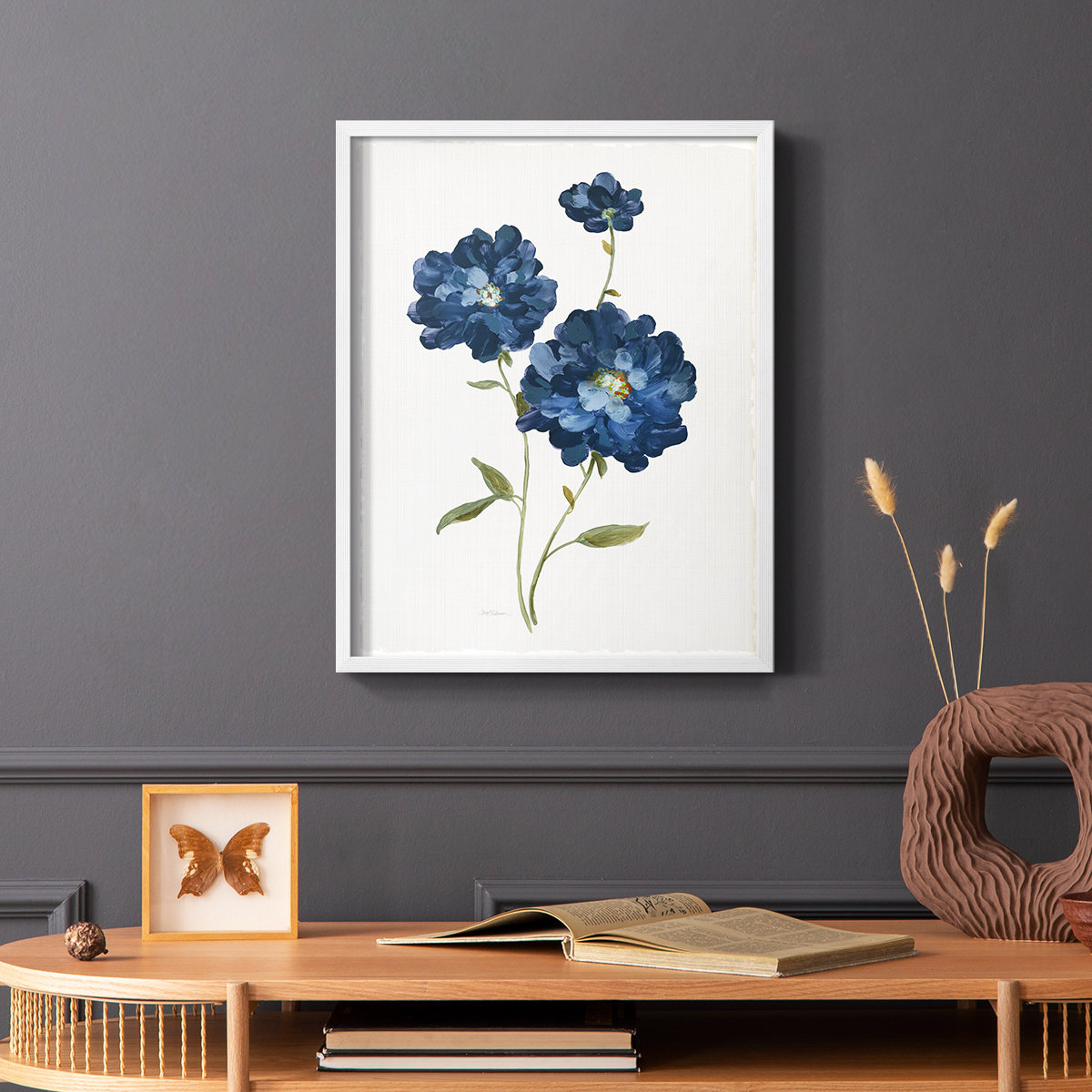 Lark Manor Blue Mums Framed Print - Solid Wood | Wayfair