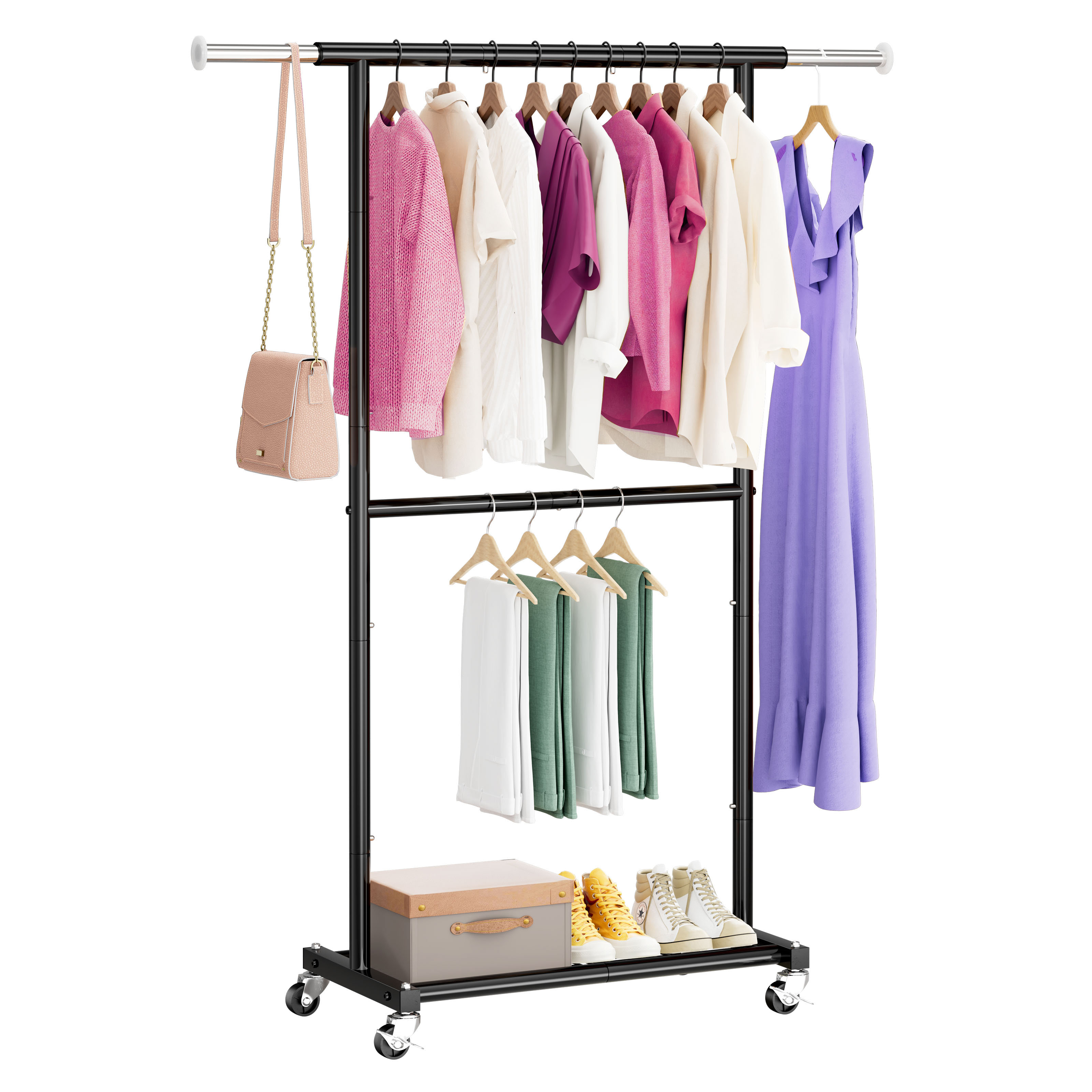 Rebrilliant Shept Extendable Rolling Clothing Rack Clothes Hanger with ...