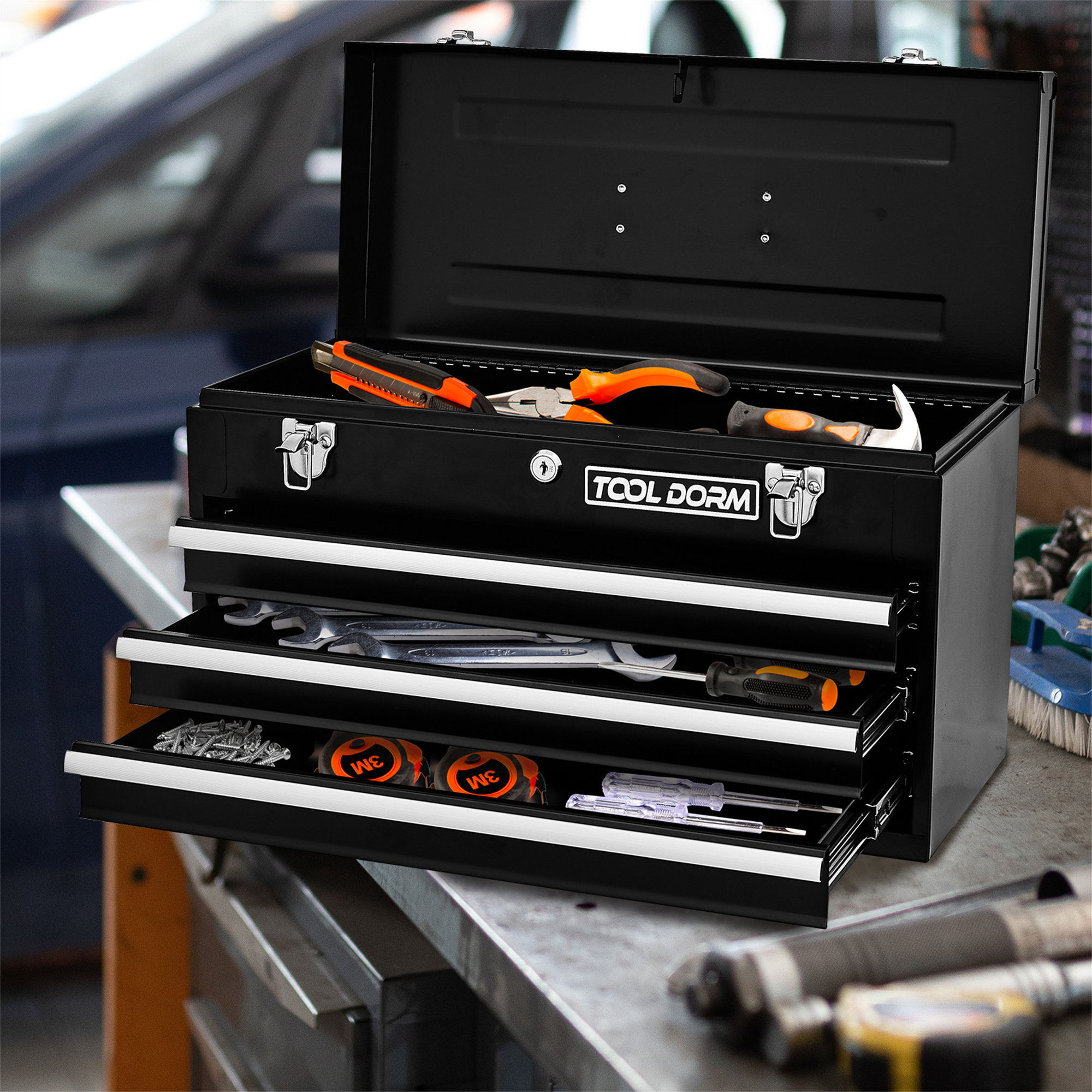 Latitude Run® 20.3-Inch Metal Toolbox With Drawers Portable Steel Metal ...