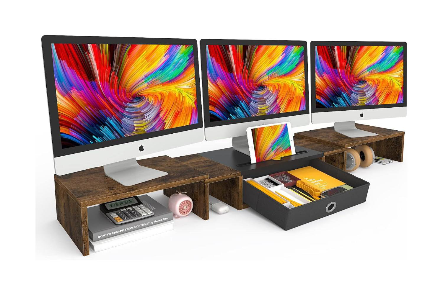 X－MAX FURNITURE Triple Dual Monitor Stand Riser With Drawer,Extra Large ...