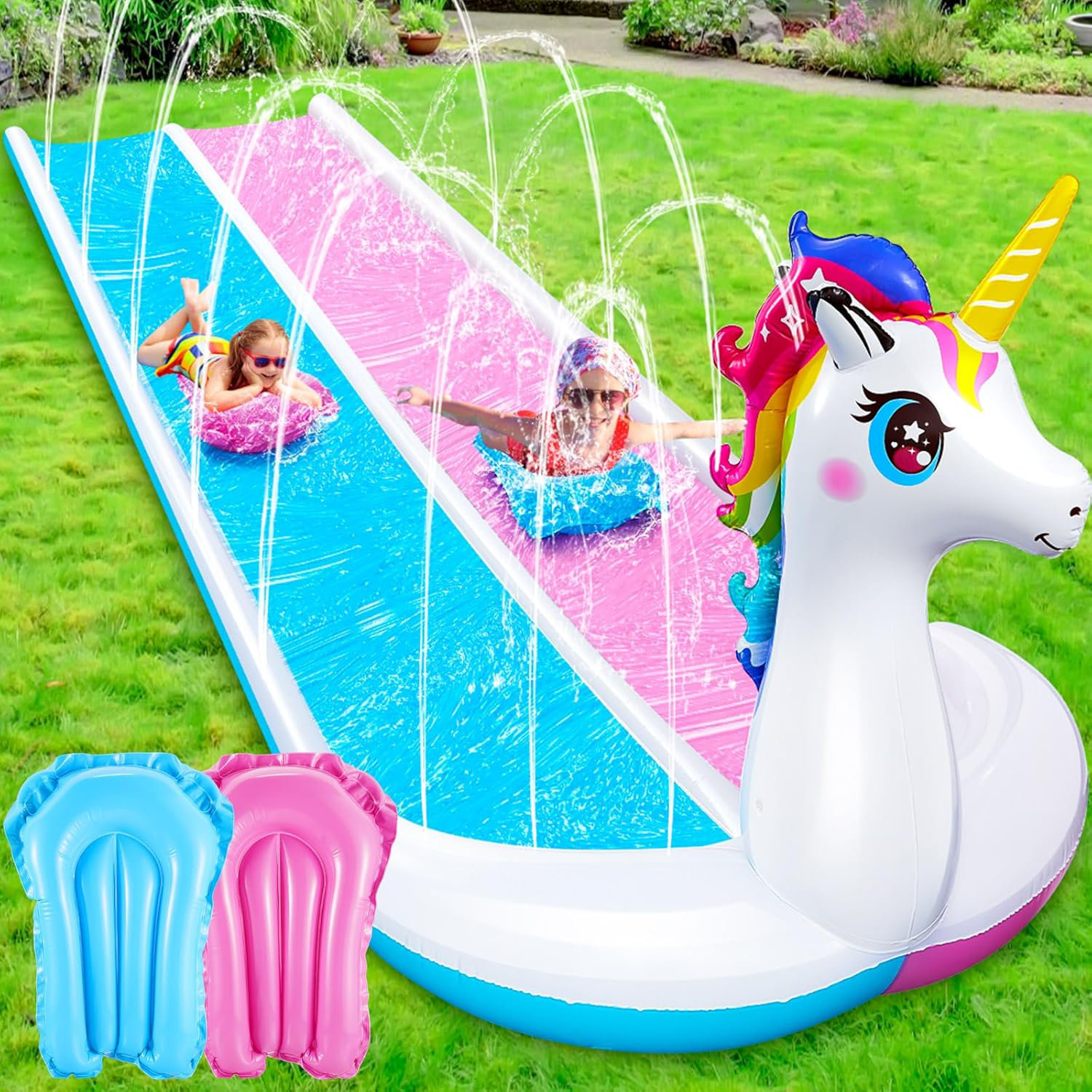 LinsCraft 20Ft 3D Unicorn Slip Water Slide Double Lane Lawn Water ...