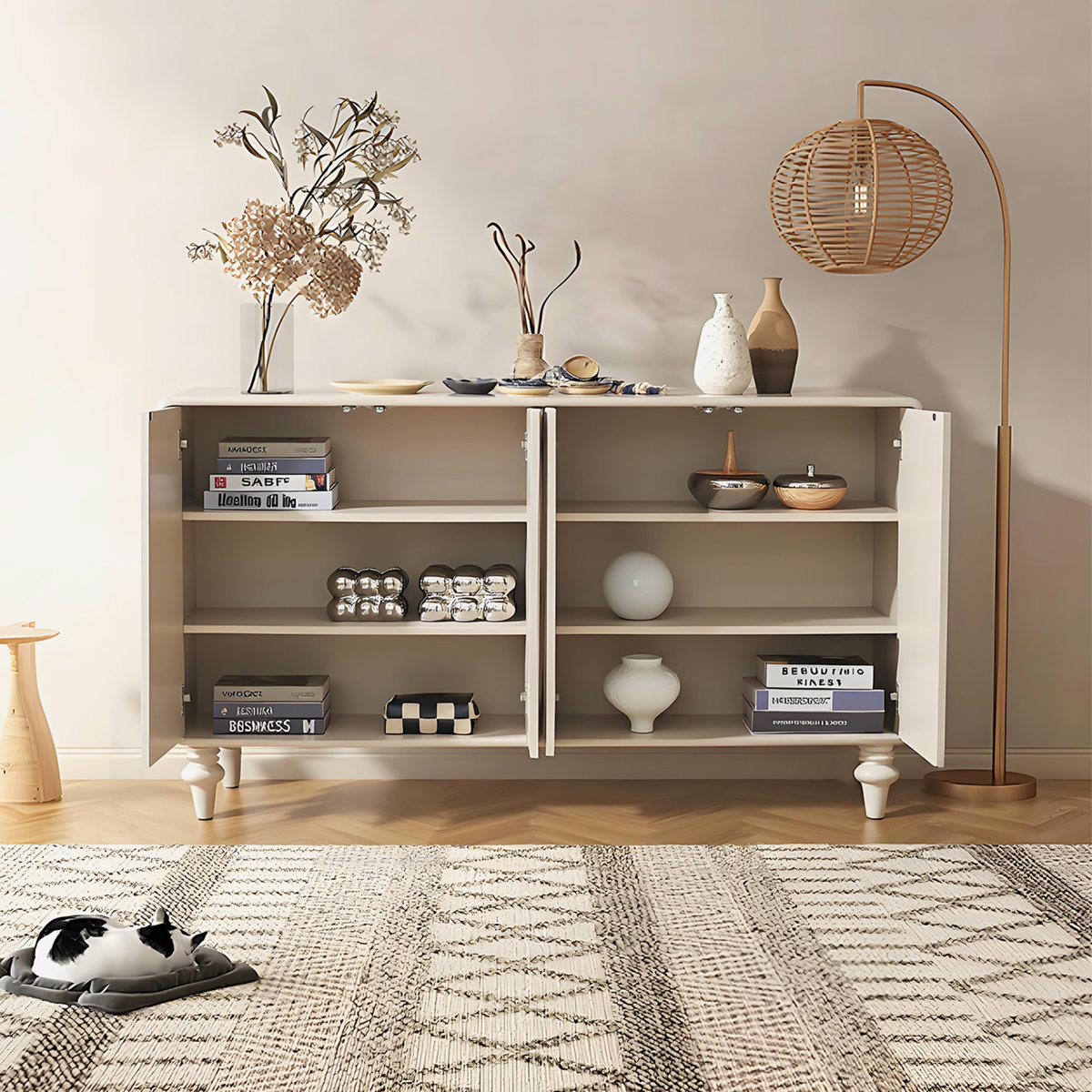 Corrigan Studio 63" Beige Arched Door Buffet Sideboard with 4 Door ...