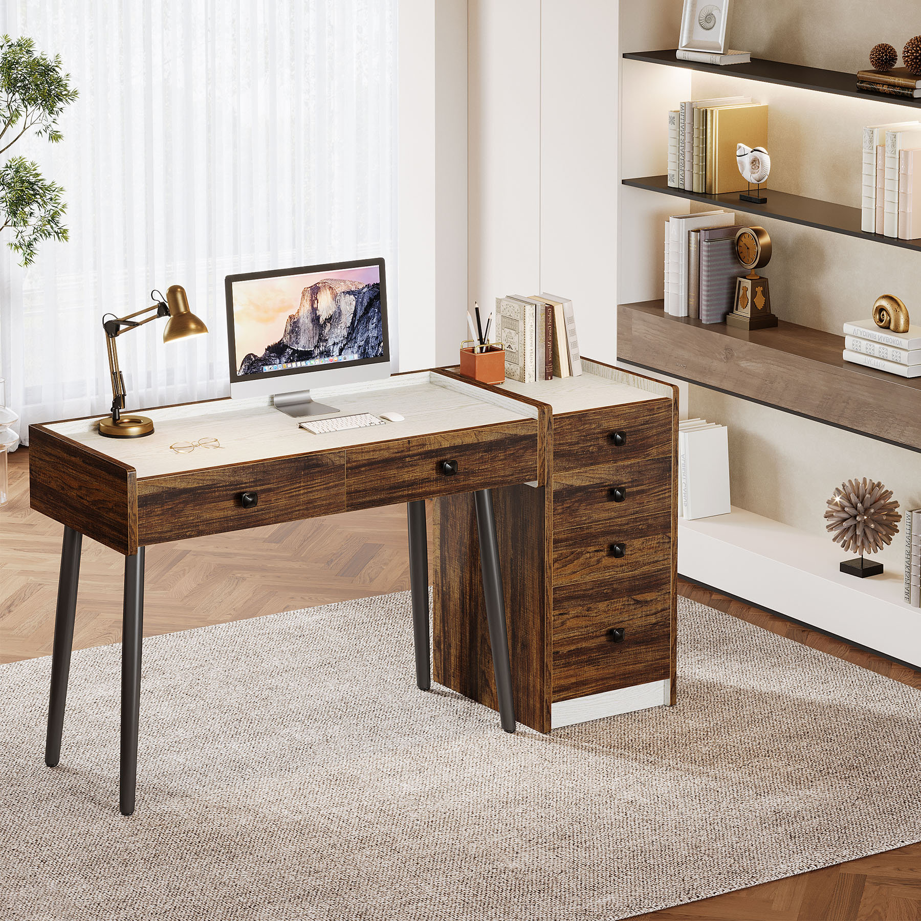 George Oliver 55" Computer Desk With File Cabinet, Writing Study Desks ...