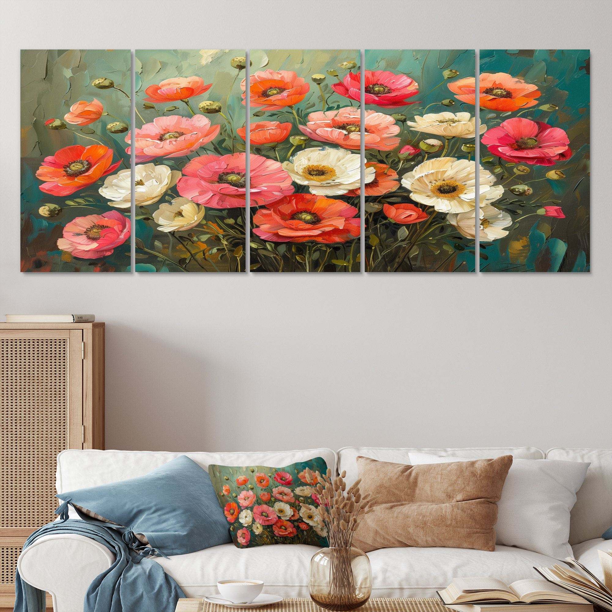 Design Art Pink White Poppies Radiant Bouquet - Poppies Wall Art Living ...