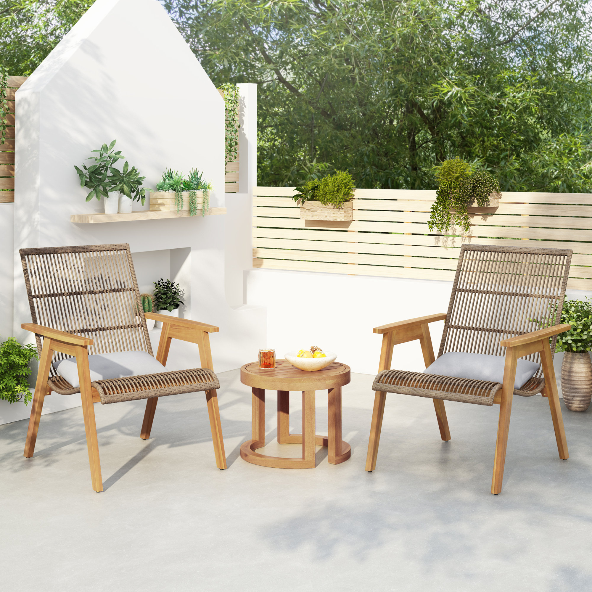Dovecove Outdoor Acacia Wood Lounge Set: 2 Woven Wicker Lounge Chairs ...