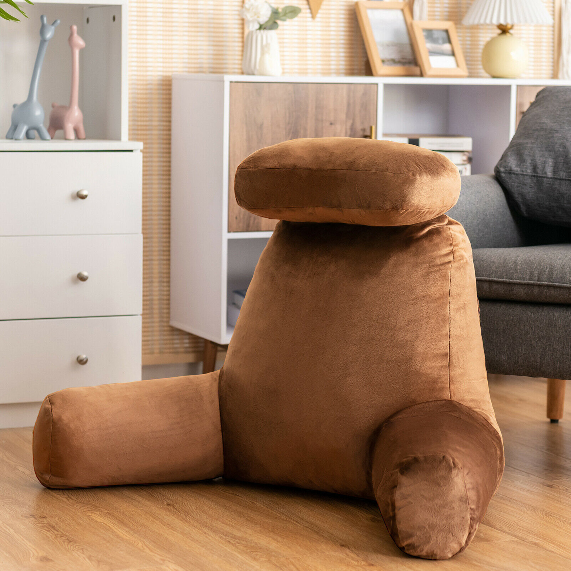 Gymax Reading Pillow Tv Bed Rest Memory Foam W/ Arms Rests Neck Roll ...