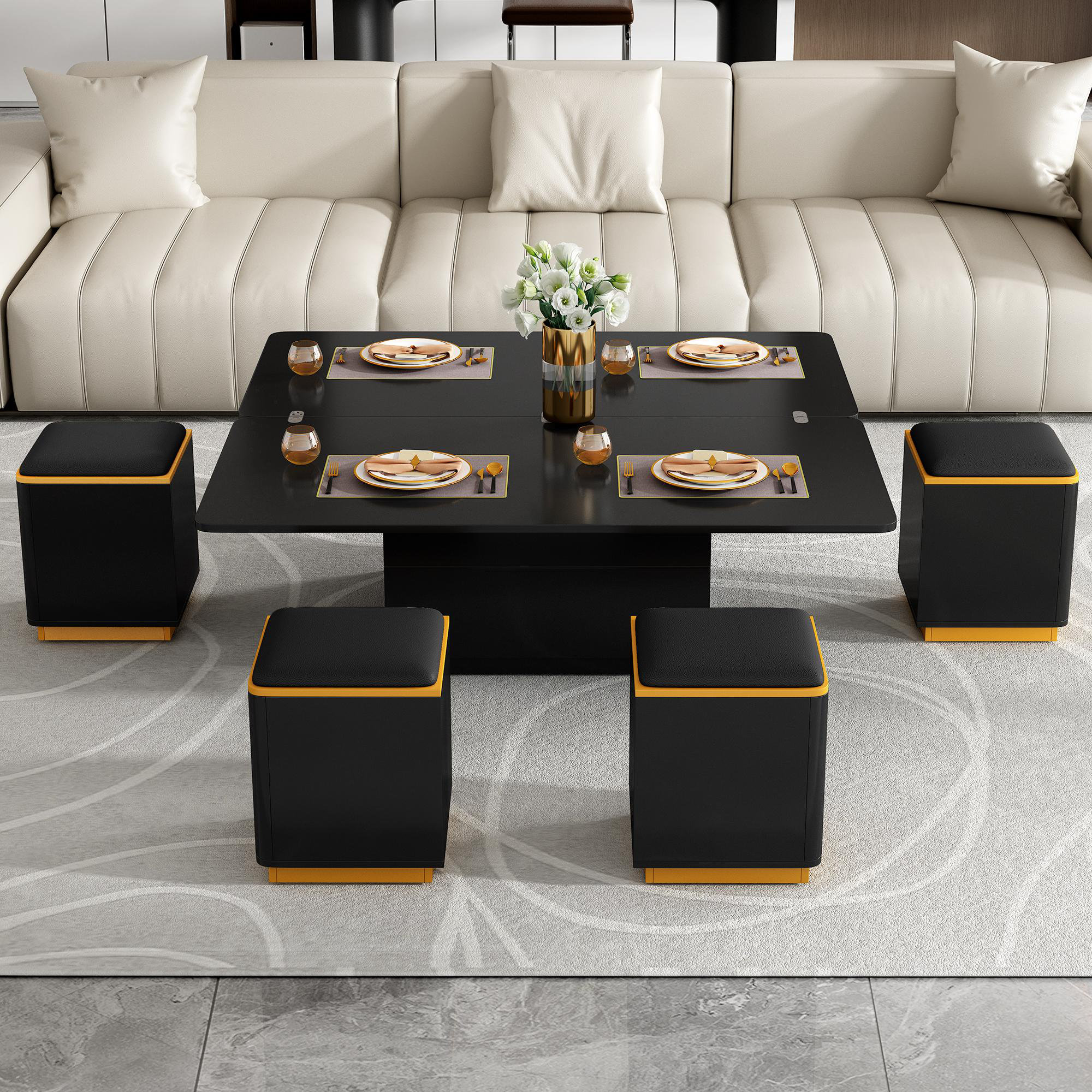 Brayden Studio® Elevated coffee table with 4 storage stools | Wayfair