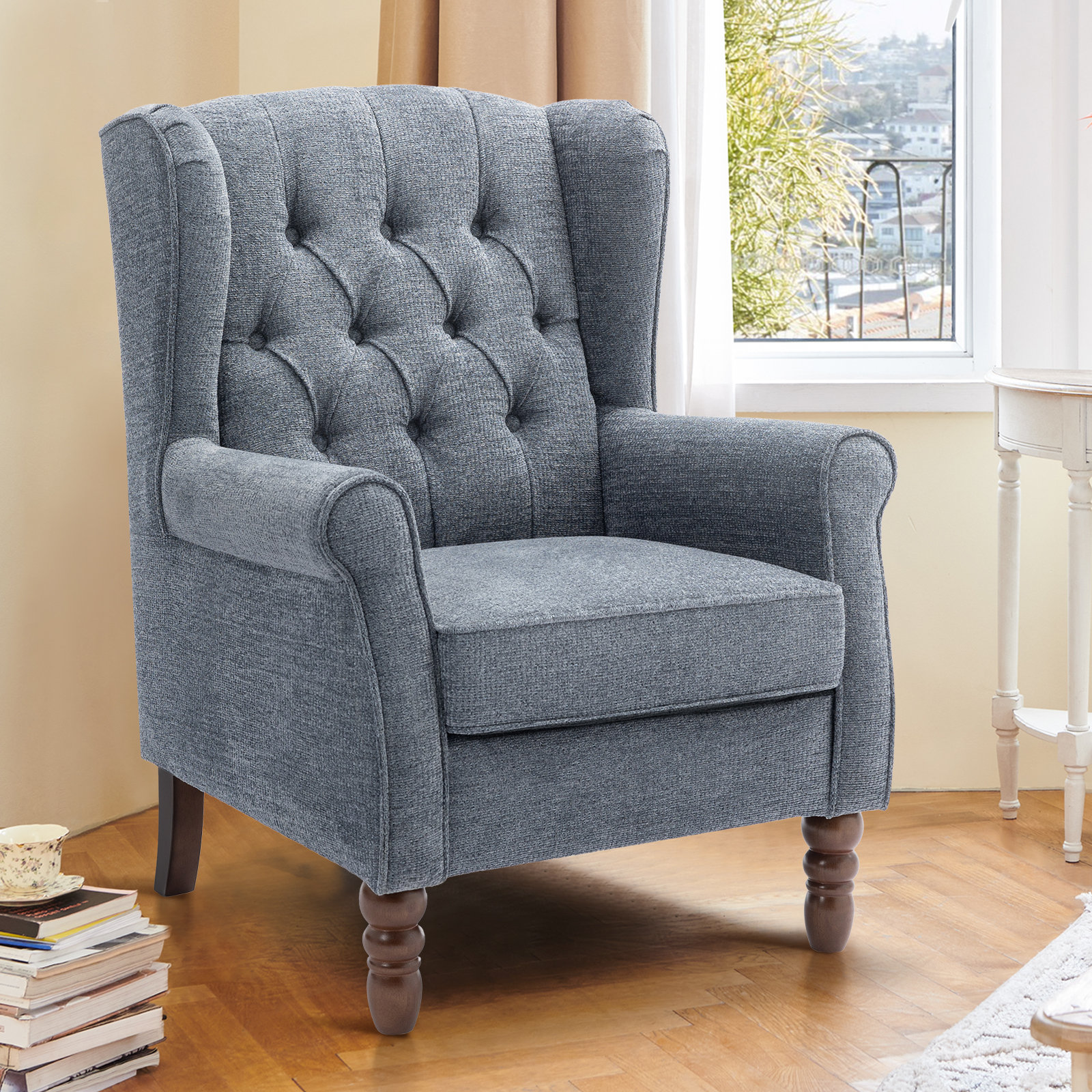 Mercer41 Button-Tufted Small Wingback Accent Chair with Rolled Arm and ...