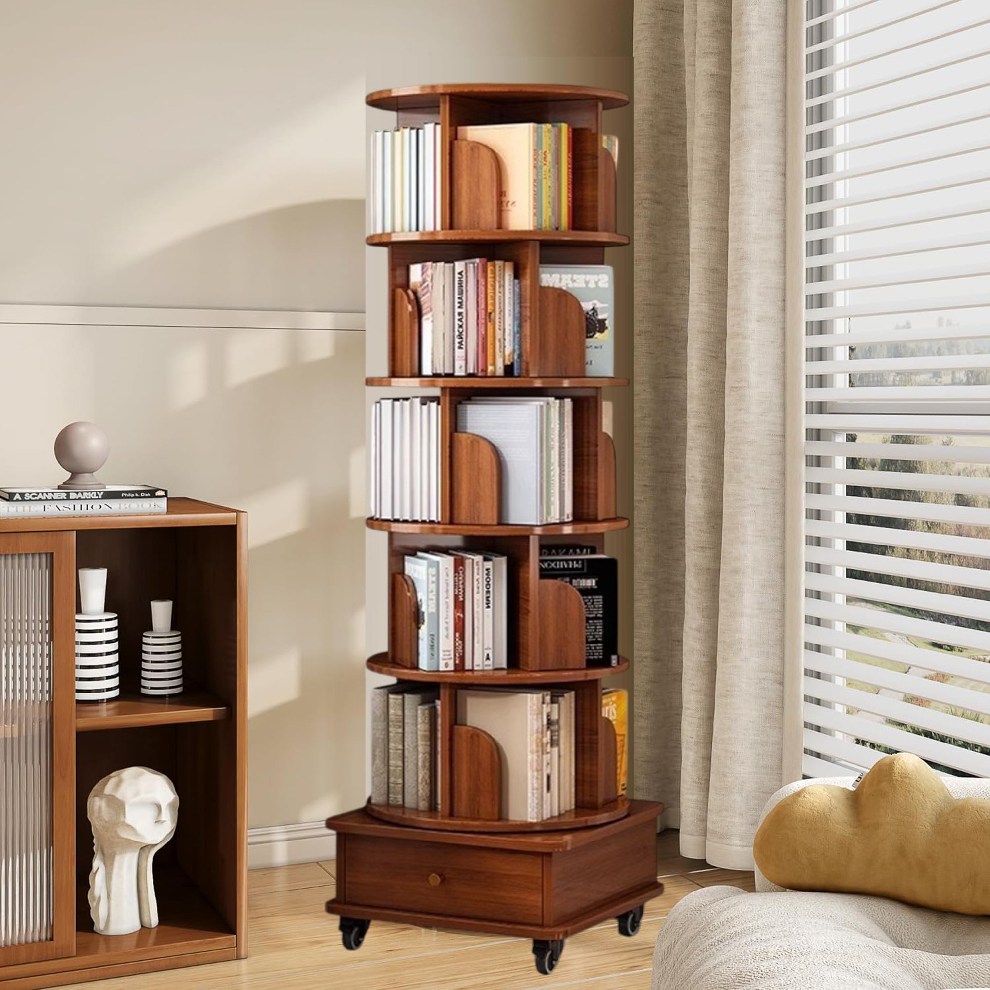 Lark Manor 6-Tier Round Rotating Bookshelf With Storage Drawer, Mid ...