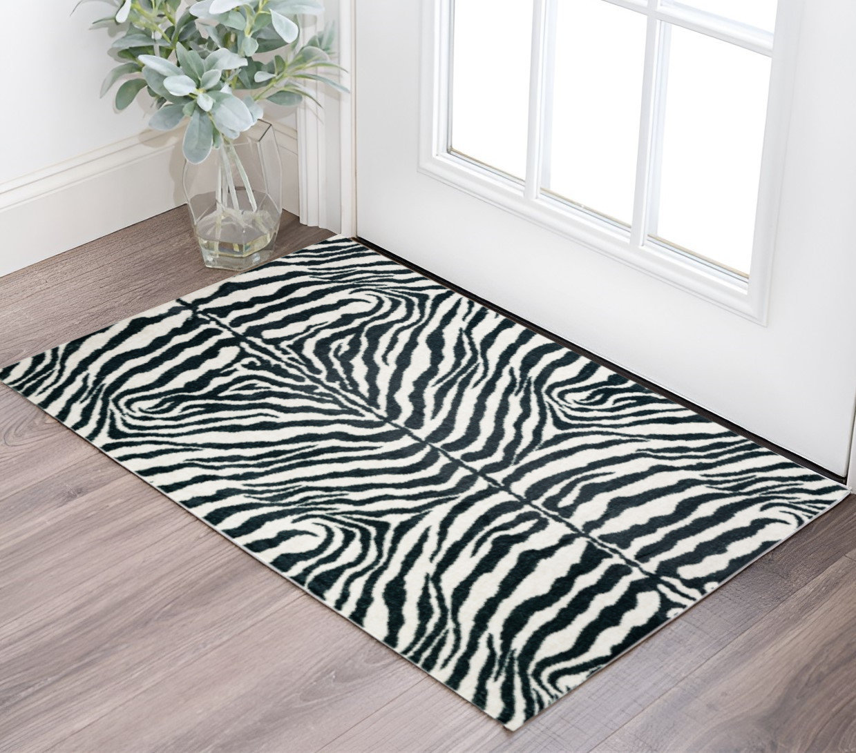 HomeRoots 3' X 5' Black and White Zebra Print Shag Handmade Non Skid ...
