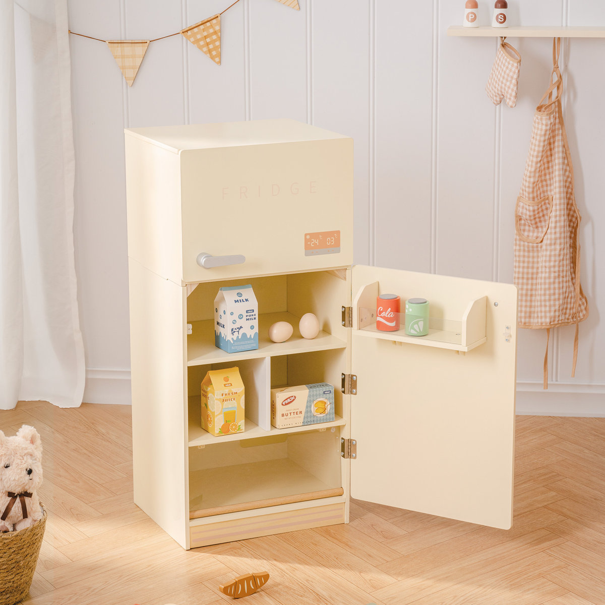 ROBUD Wooden Toy Refrigerator with Accessories, Pretend Play Kitchen ...