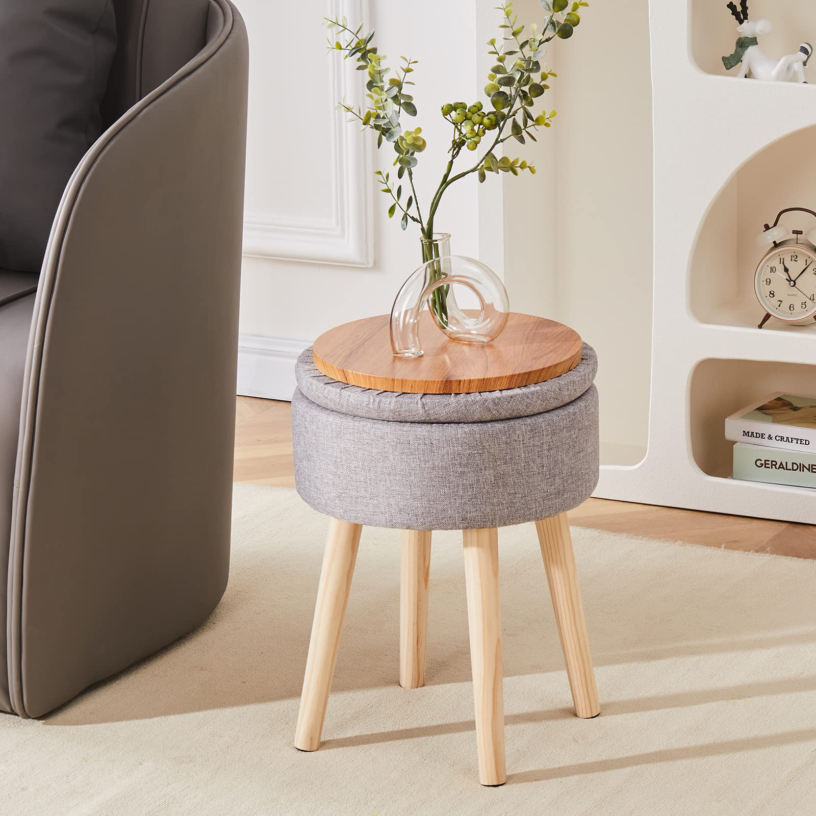 George Oliver Storage Ottoman Linen Round Vanity Stool Tray Top Modern ...