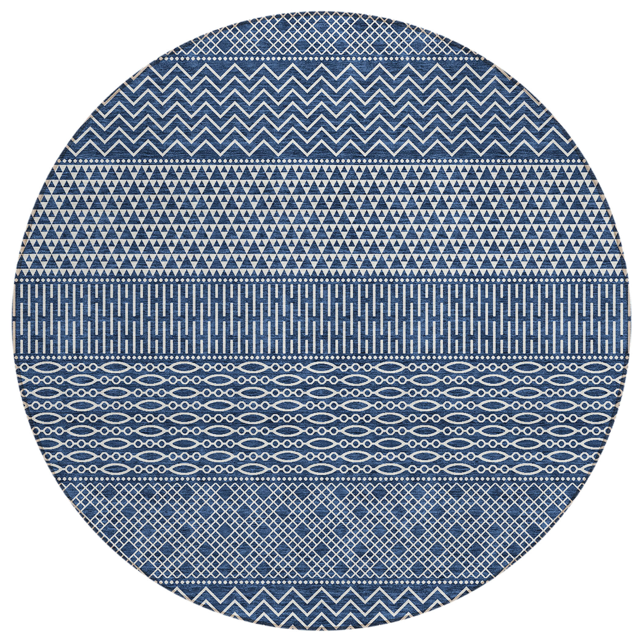 HomeRoots 8' Navy Blue And Ivory Round Chevron Washable Indoor Outdoor ...