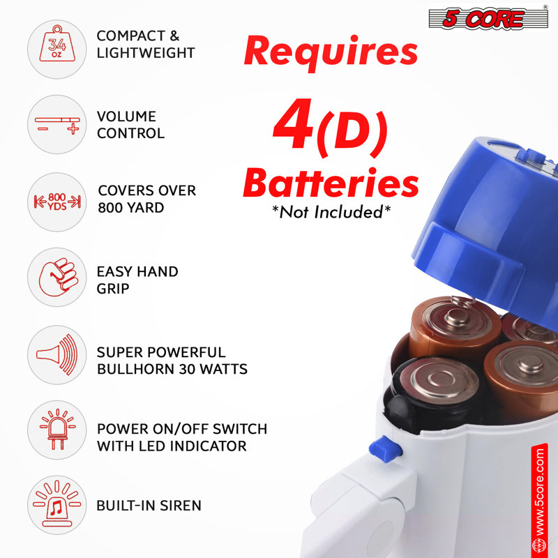 5 Core Megaphone Bullhorn Speaker 30W Mini Bull Horn Battery Power ...