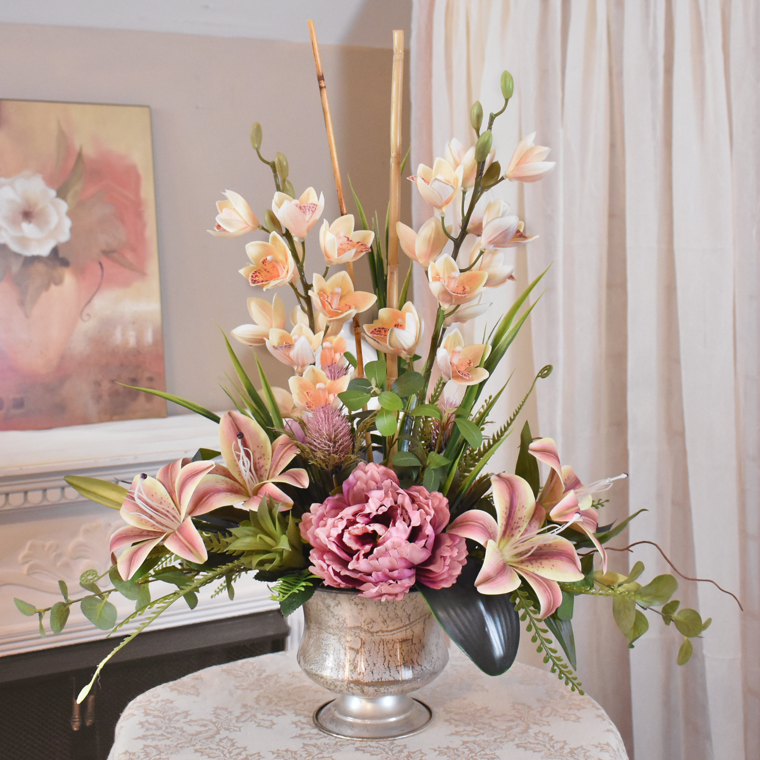 Primrue Orchid and Rhubrum Lily Silk Flower Centerpiece Silver Urn ...