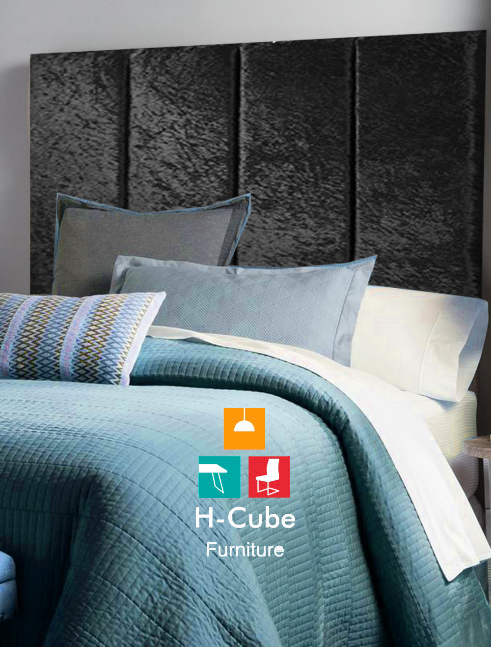 H-Cube Alton Quad-Panel Padded Divan Bed Base Headboard Crushed Velvet ...