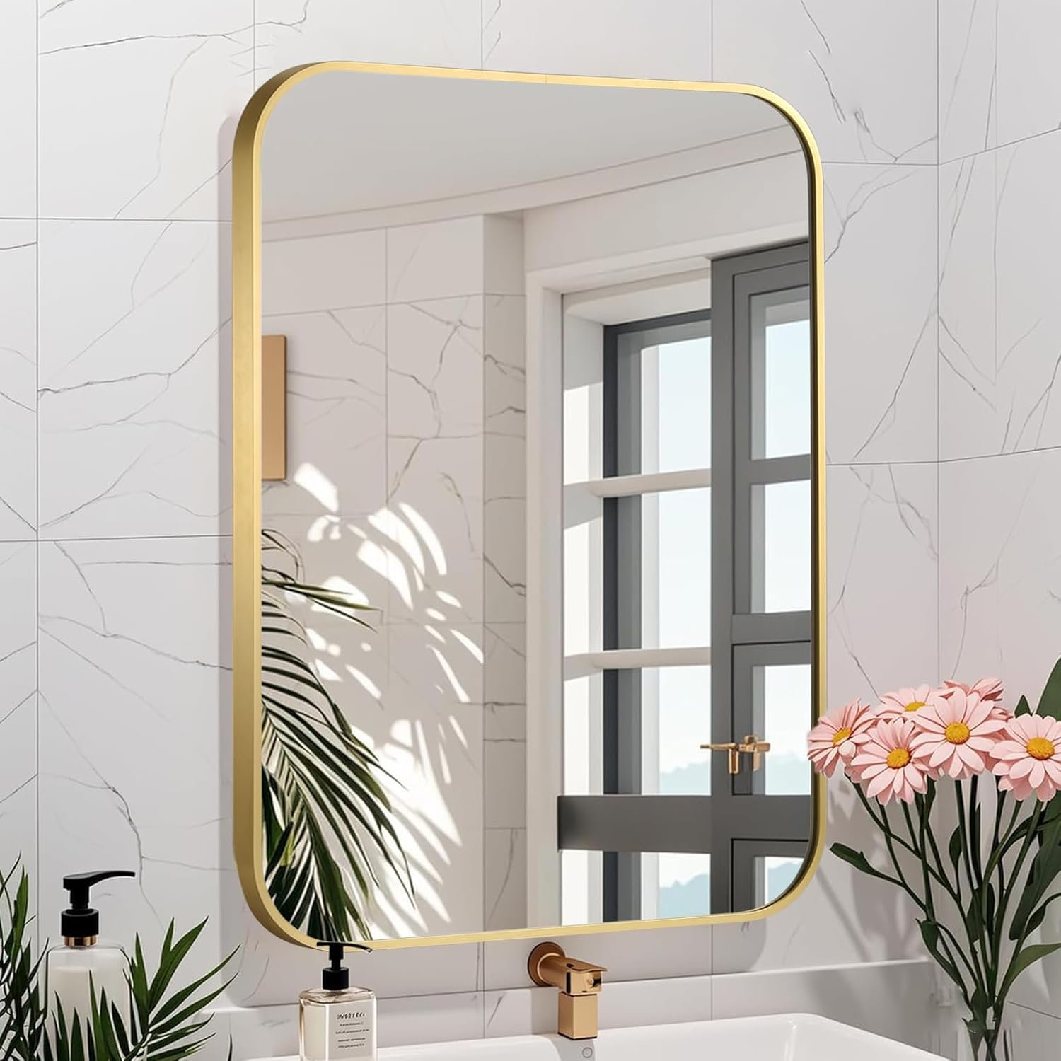 Mercer41 Brushed Gold Mirror, 24"X36" Rectangle Bathroom Mirror, Metal ...