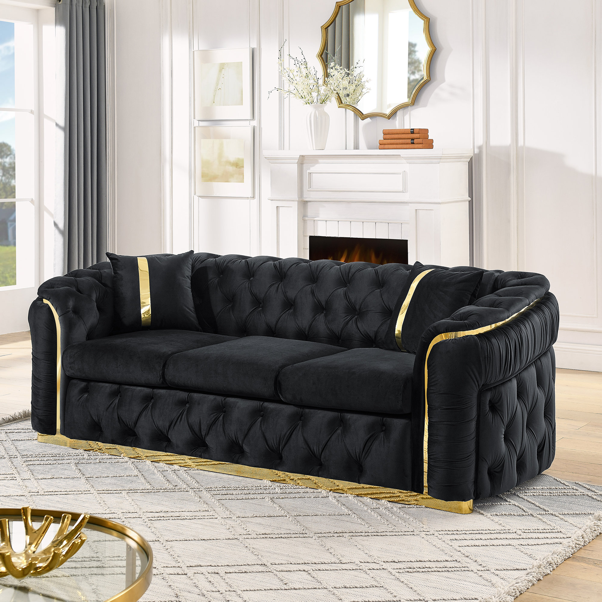 Everly Quinn 90'' Wide Curved Tufted Sofa Couch With Golden Accent ...