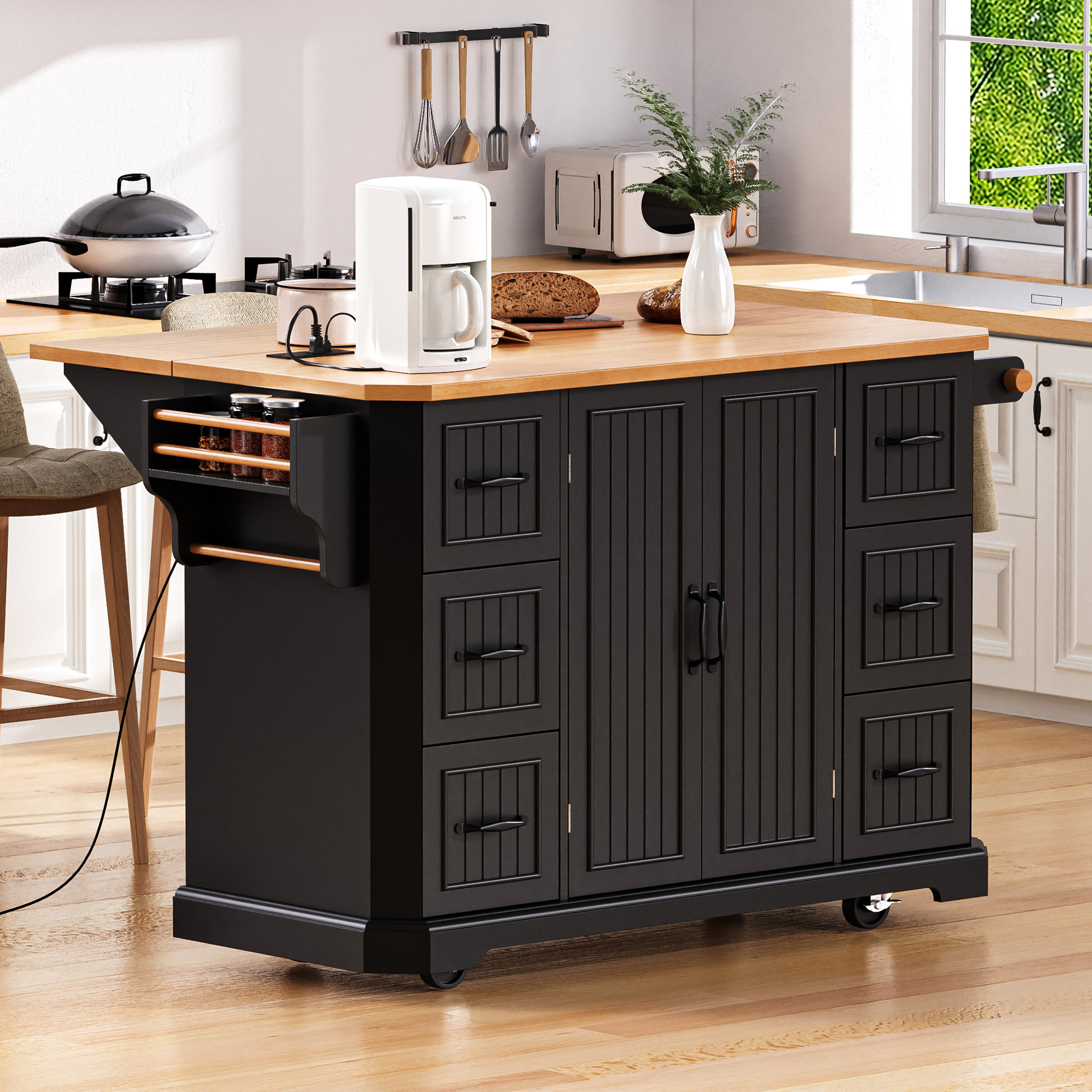 Lark Manor™ Kitchen Island with Drop Leaf, Power Outlet, 6 Drawers, and ...