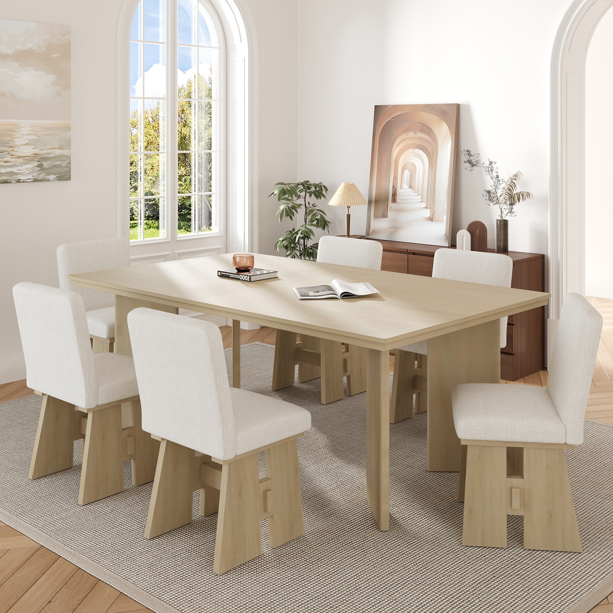 Loon Peak® Modern 7-Piece Dining Table Set With 6 Upholstered Dining ...