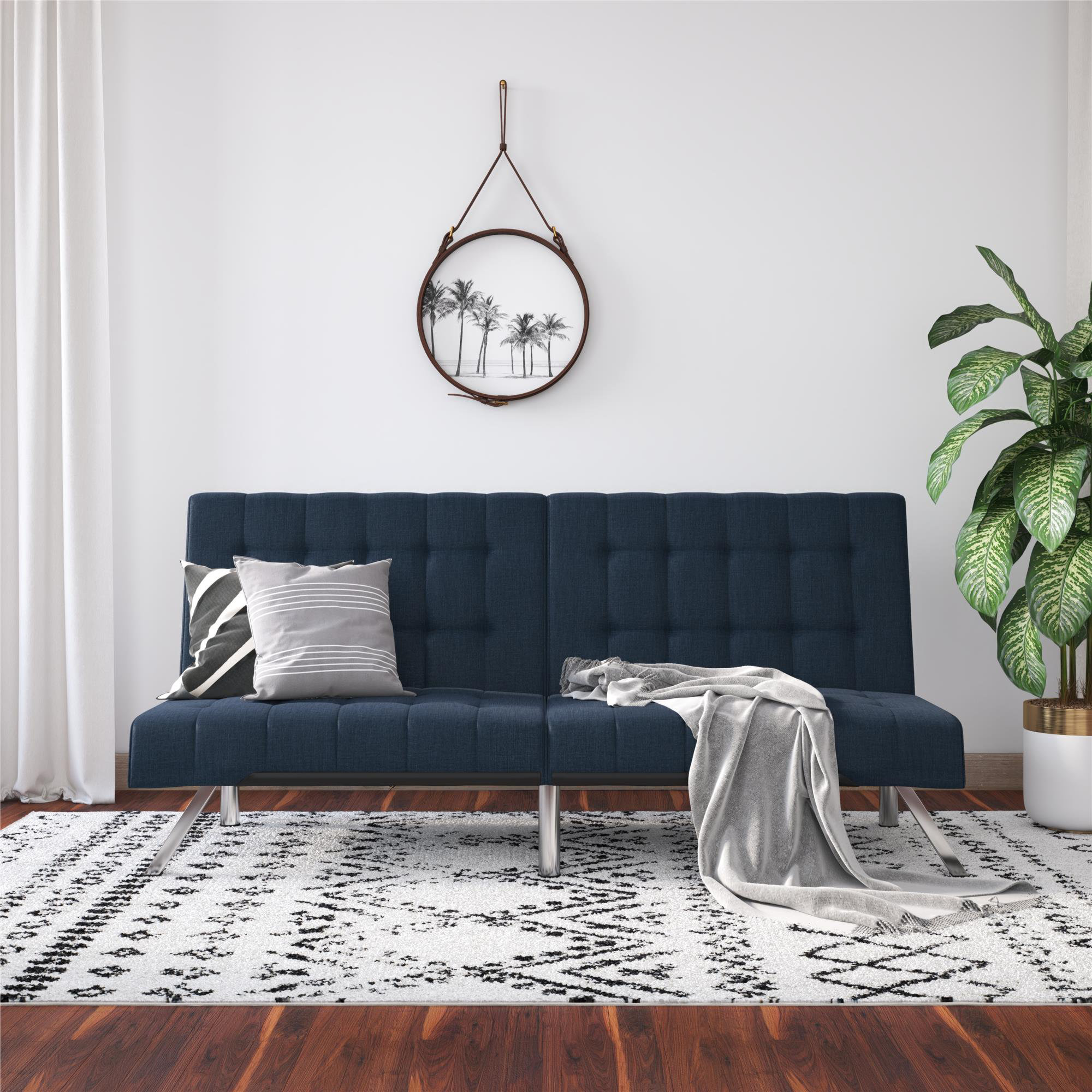 Wrought Studio™ Emily Convertible Tufted Futon Sofa, Navy Blue Linen ...