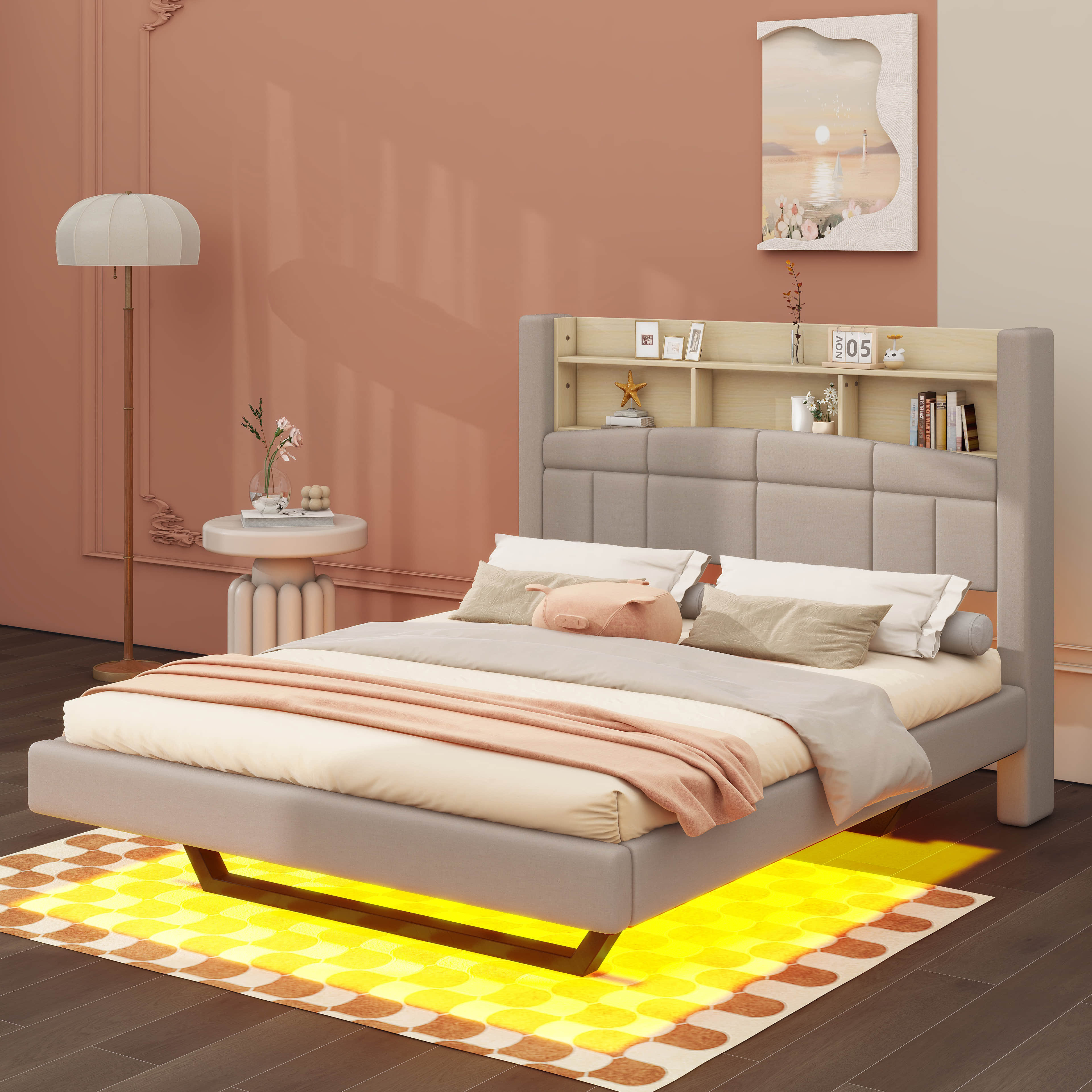 Ivy Bronx A Full-Sized Upholstered Floating Bed Equipped With LED ...